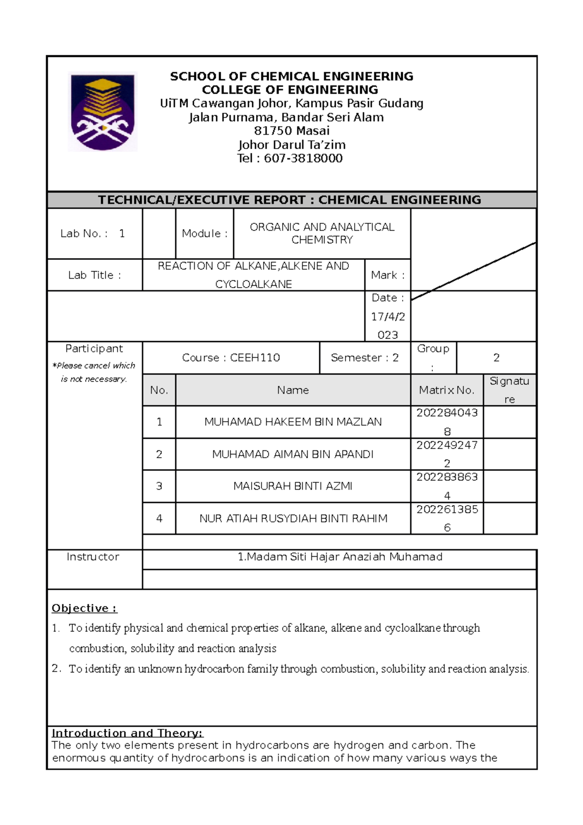 Lab report 145(1) - oh - SCHOOL OF CHEMICAL ENGINEERING COLLEGE OF ...