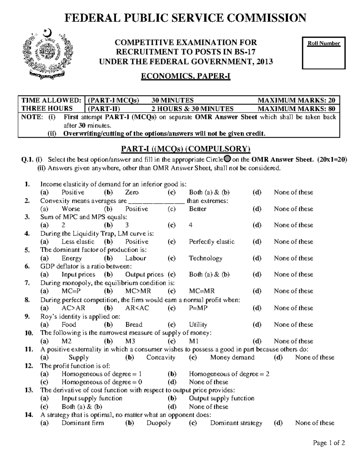 Economics CSS paper- 20 1 3 - Econometrics - AWKUM - Studocu
