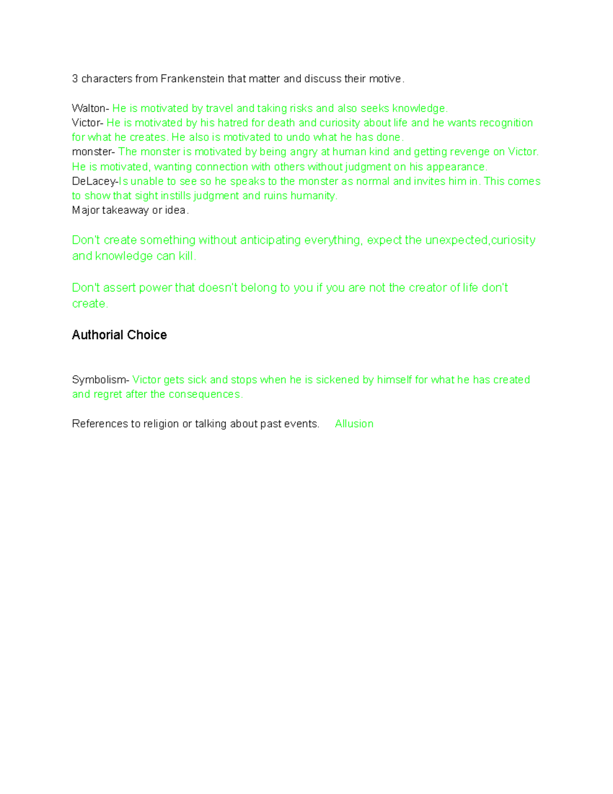 English notes Aprill 11th - 3 characters from Frankenstein that matter ...