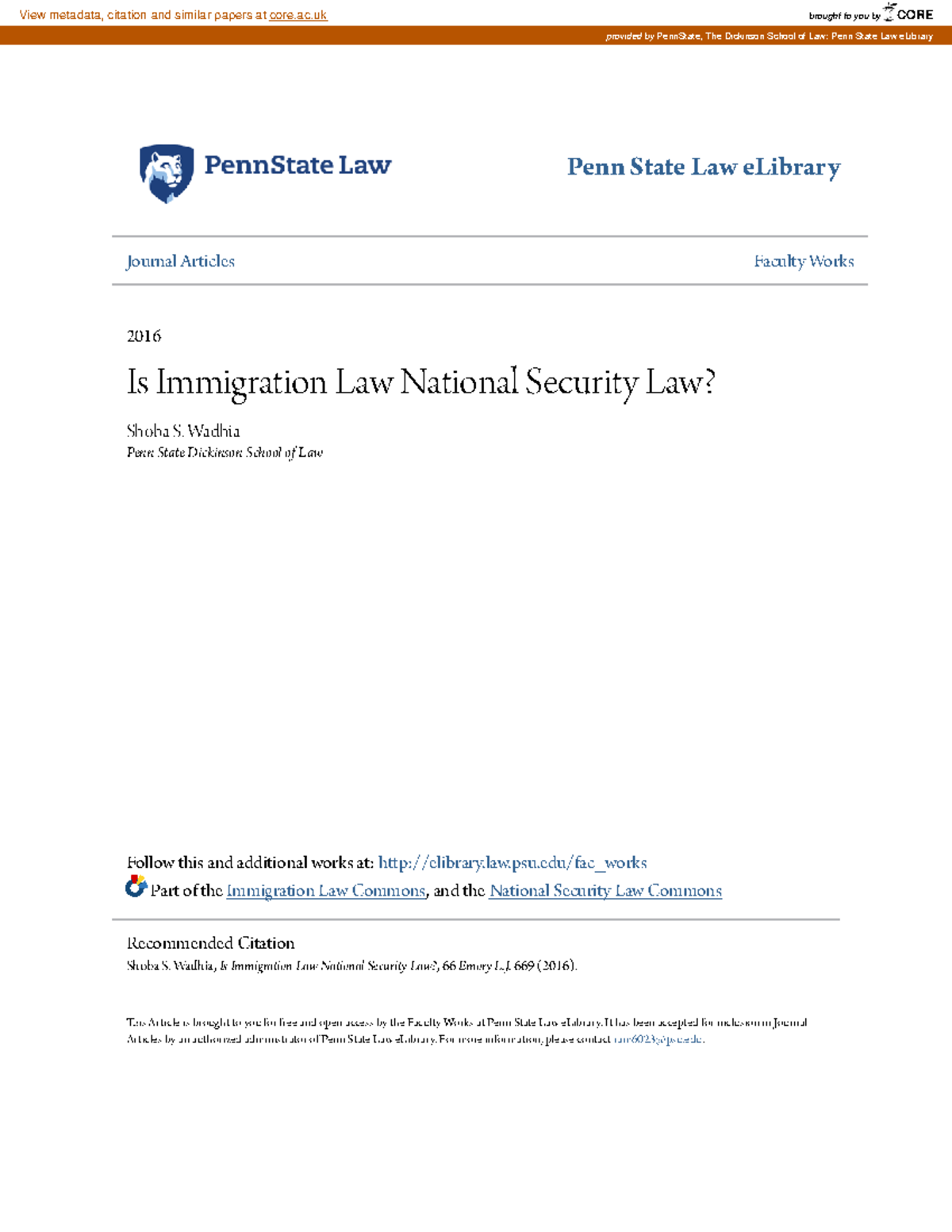 Is Immigration Law National Security Law - Penn State Law eLibrary ...