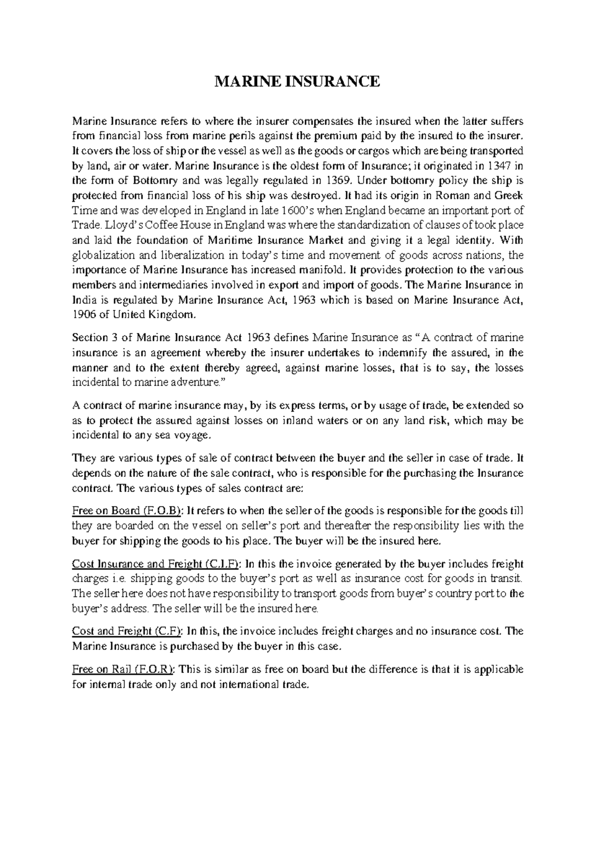 Marine-Insurance - Marine insurance notes - MARINE INSURANCE Marine ...