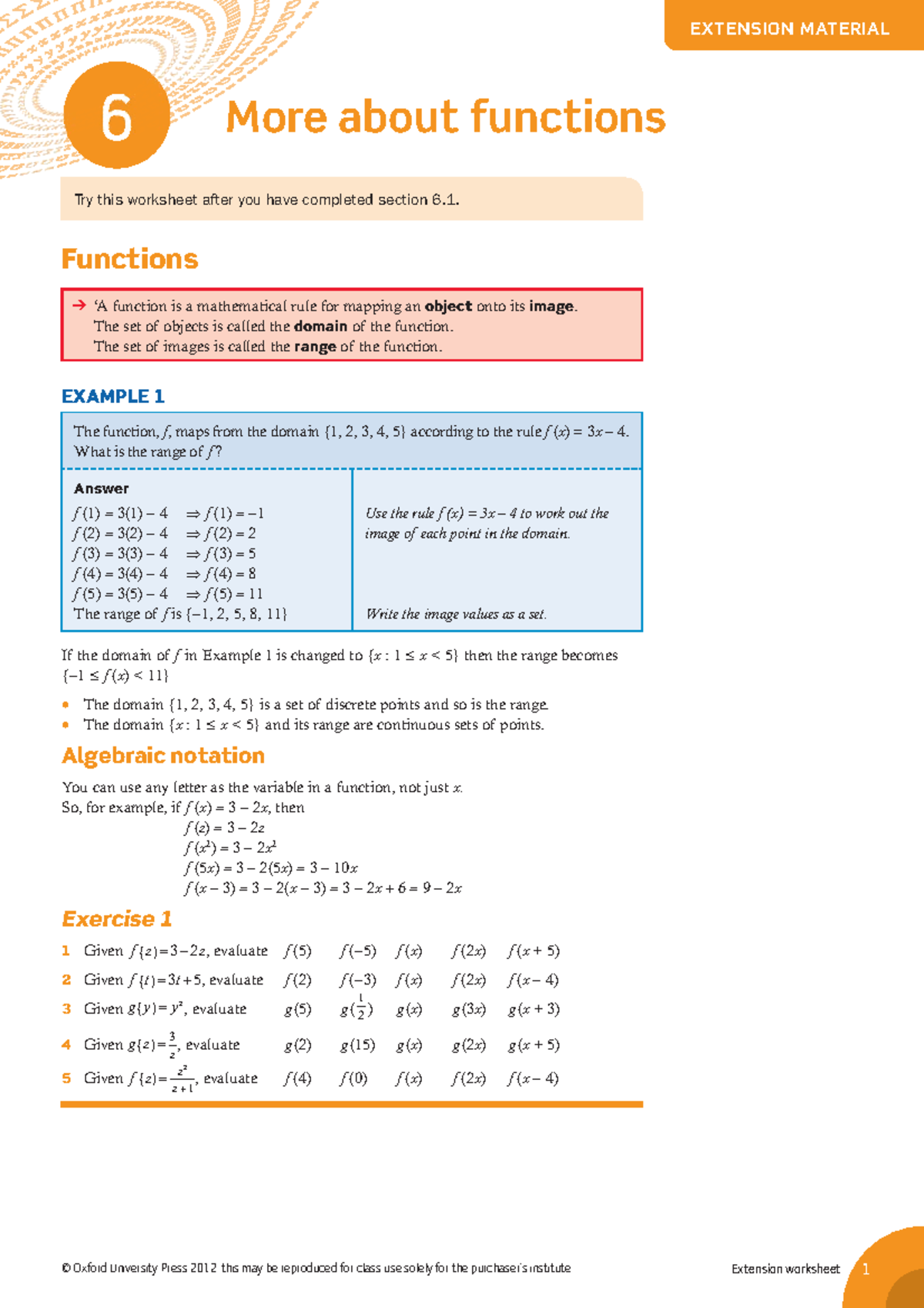 Extension worksheet-ch06 - Functions ‘A function is a mathematical rule for mapping an object ...