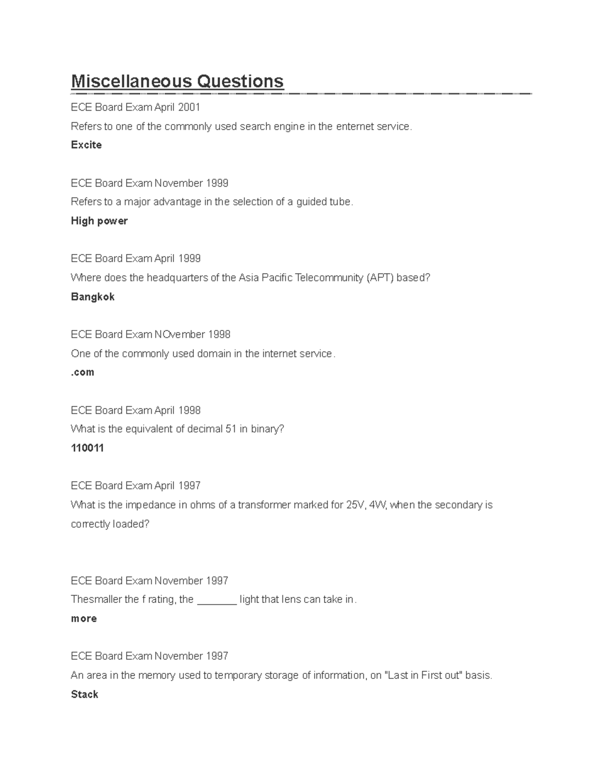 Miscellaneous Questions - Excite ECE Board Exam November 1999 Refers to ...