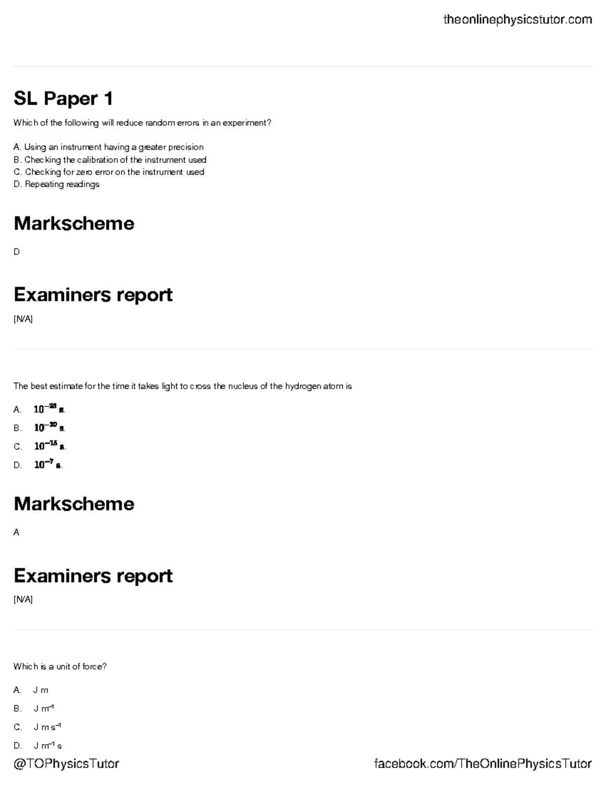 1 markscheme-SL-paper 1 - SL Paper 1 Markscheme Examiners report ...