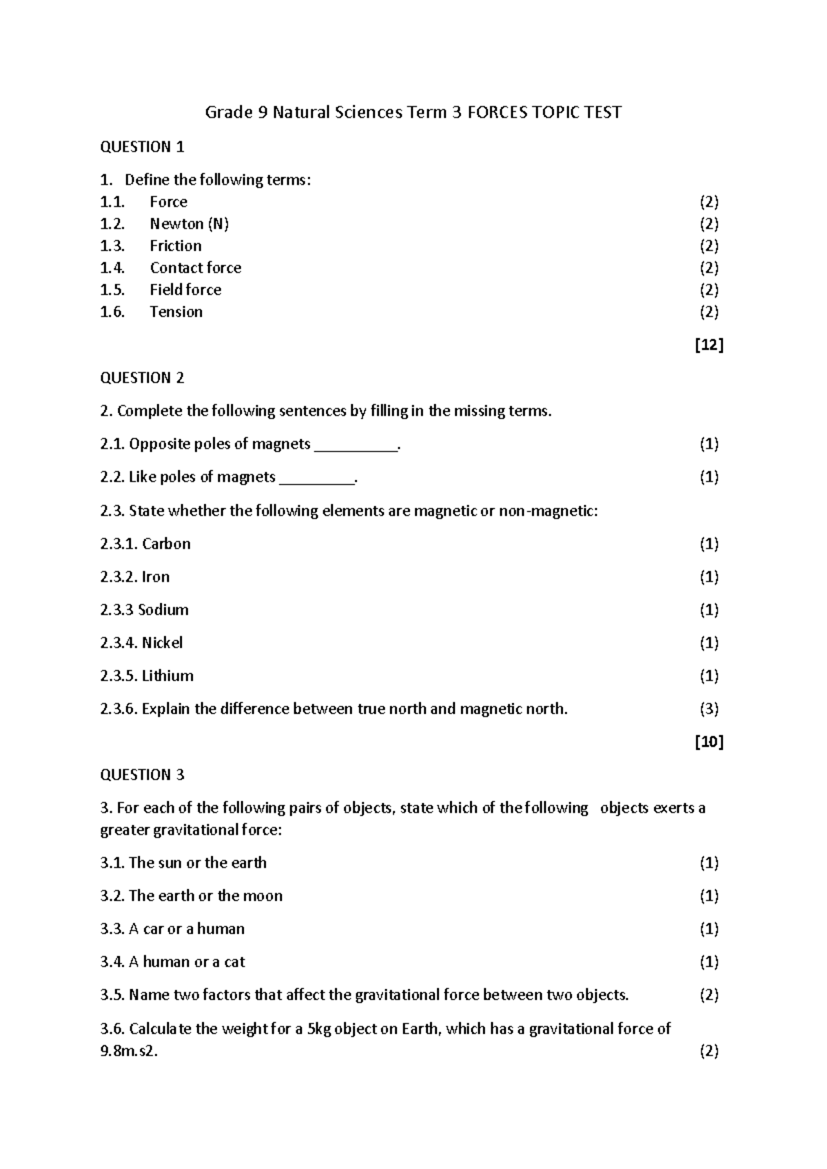 Grade 9 Natural Sciences Term 3 Forces Topic TEST - Grade 9 Natural ...