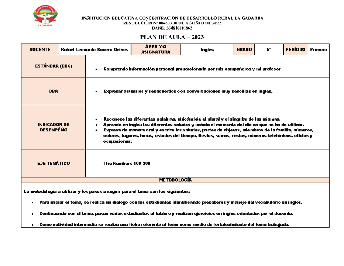 PLAN DE AULA Ingles Semana 5 y 6 Quinto Grado - INSTITUCION EDUCATIVA ...