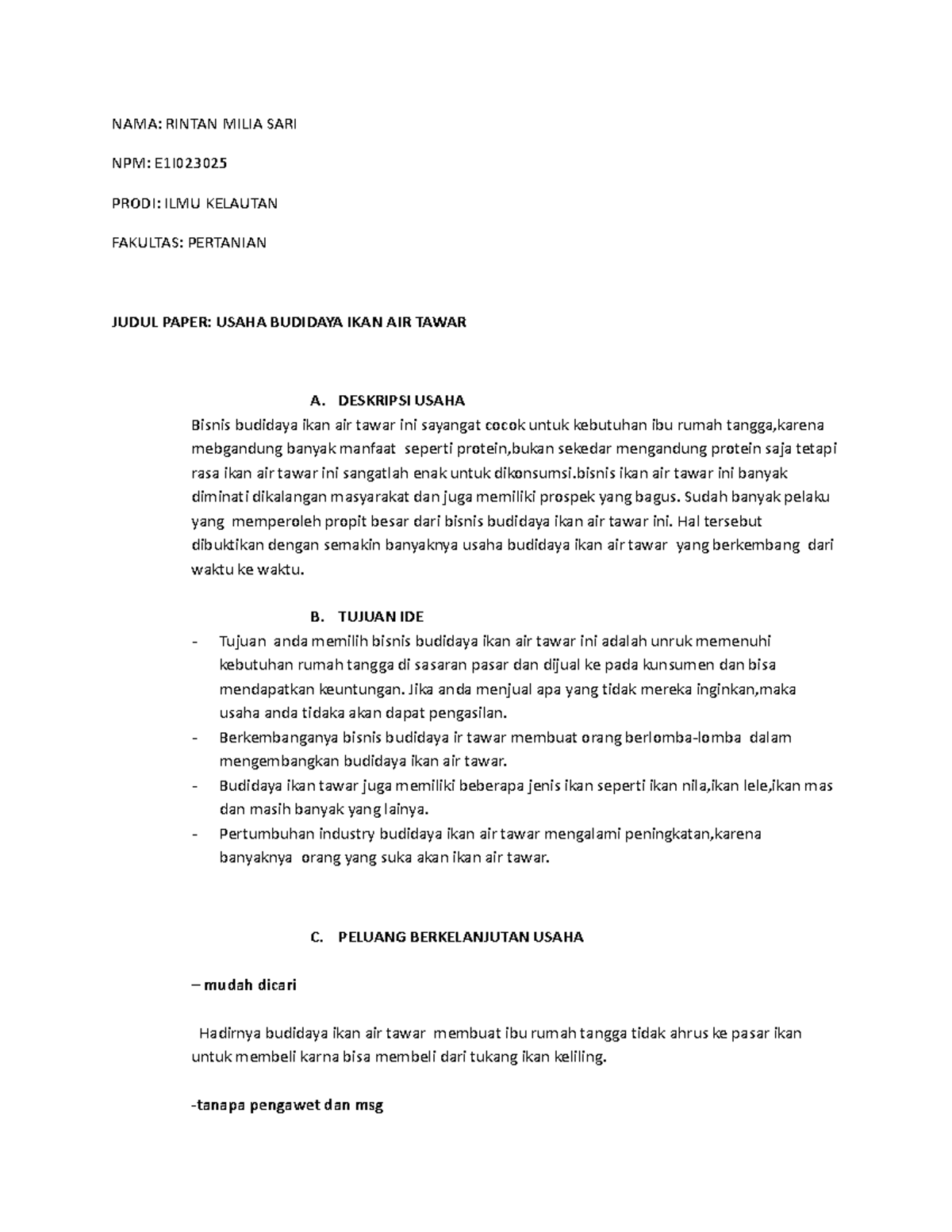 Rintan Milia SARI ILMU Kelautan - NAMA: RINTAN MILIA SARI NPM: E1I ...