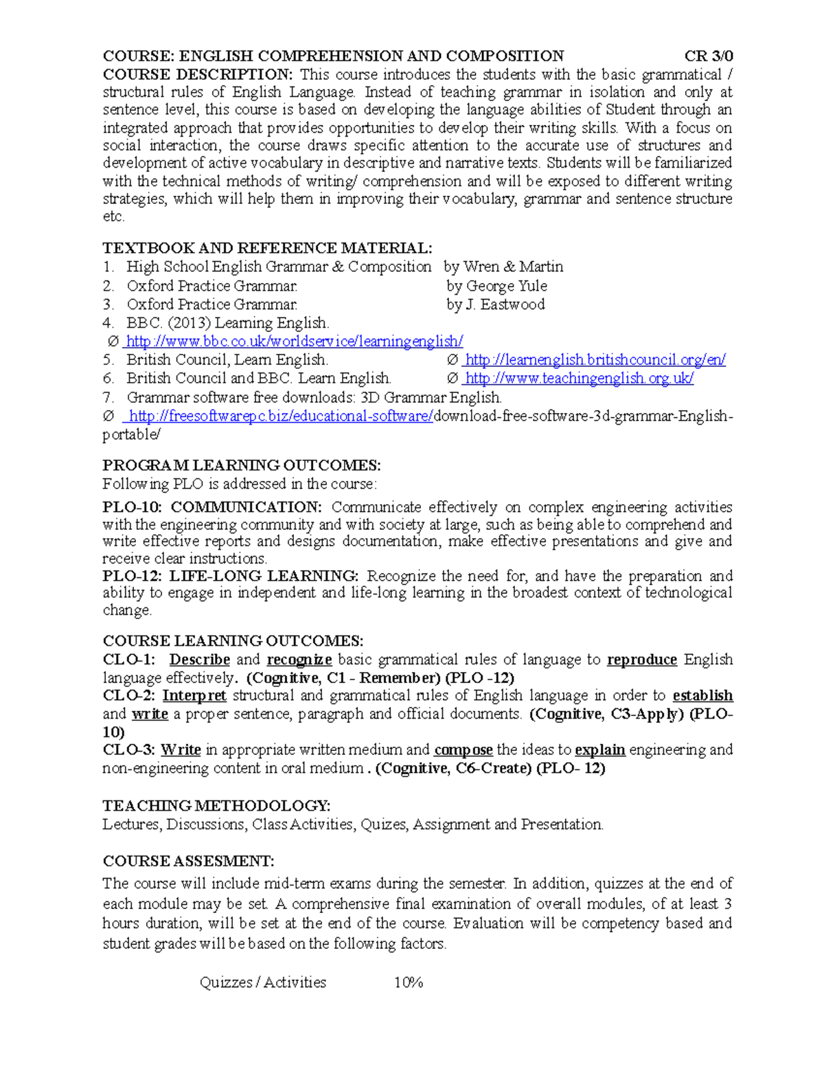 English comprehension and composition course contents and description ...