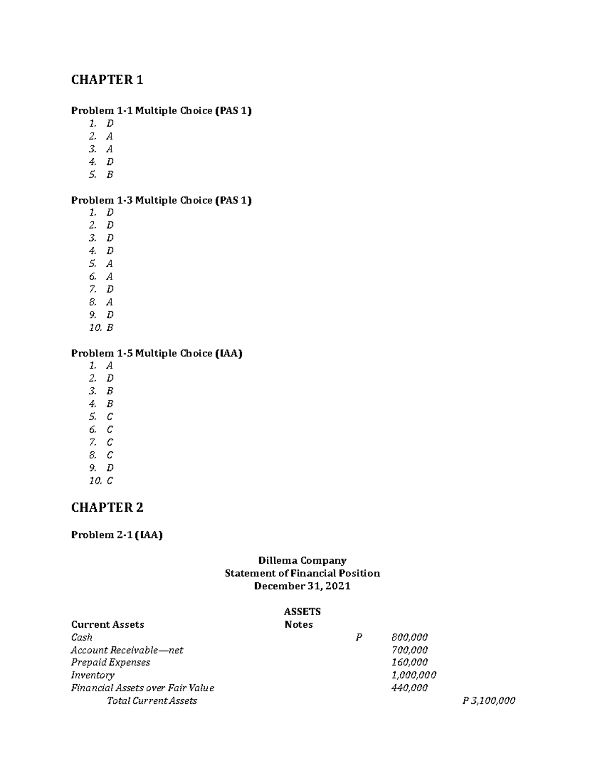 Chapter 1 10 Problems Copy - CHAPTER 1 Problem 1-1 Multiple Choice (PAS ...