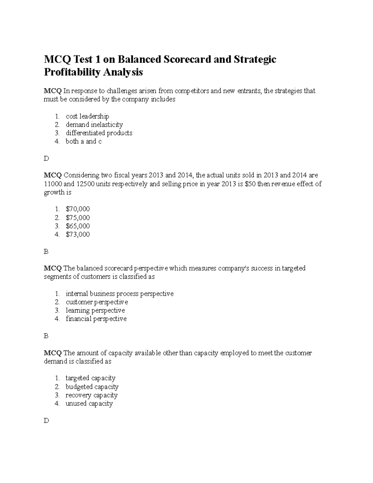 Balanced Scorecard Test Bank 1 - MCQ Test 1 on Balanced Scorecard and ...