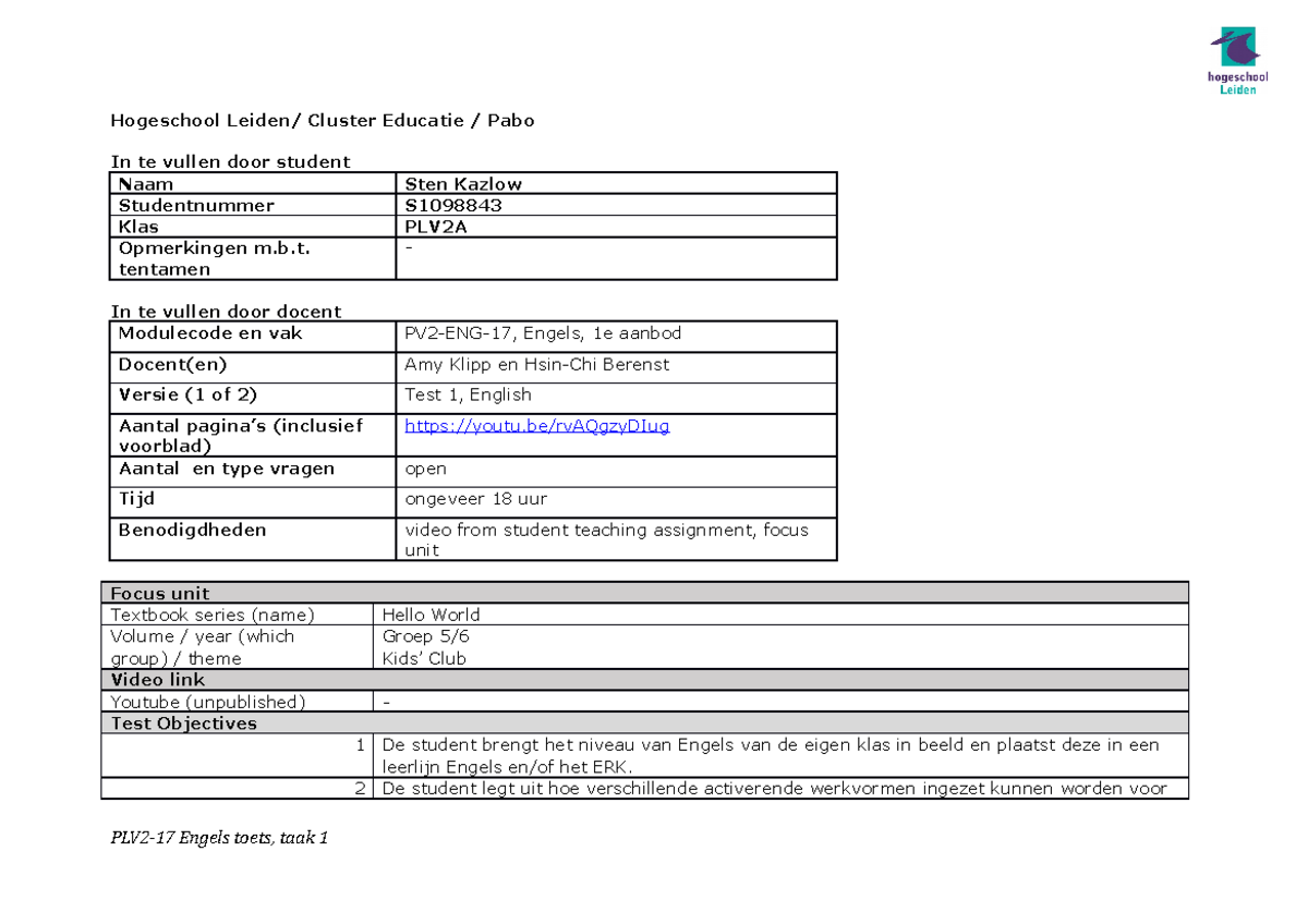 Engels Test 1 - Overig - Hogeschool Leiden/ Cluster Educatie / Pabo In ...