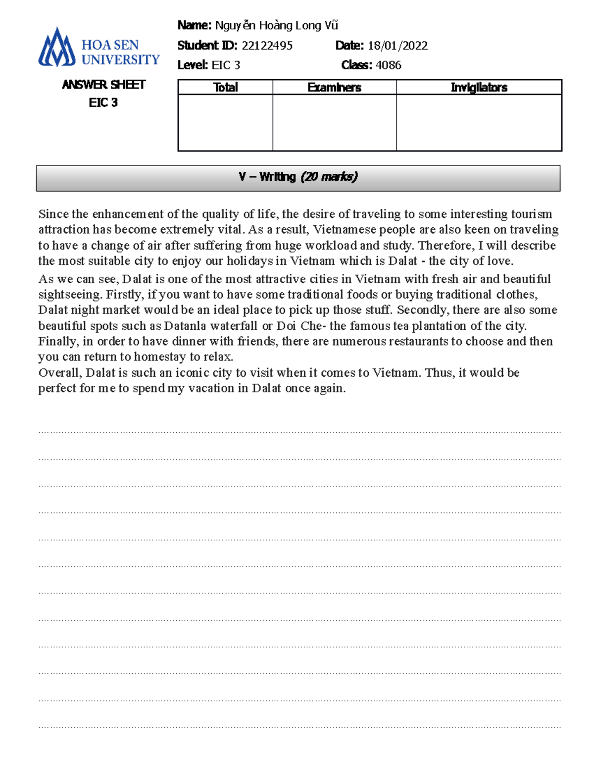 EIC 3 bài tập writting - Name: Nguy ễn Hoàng Long Vũ Student ID: 22122495 Date: 18/01/ Level ...