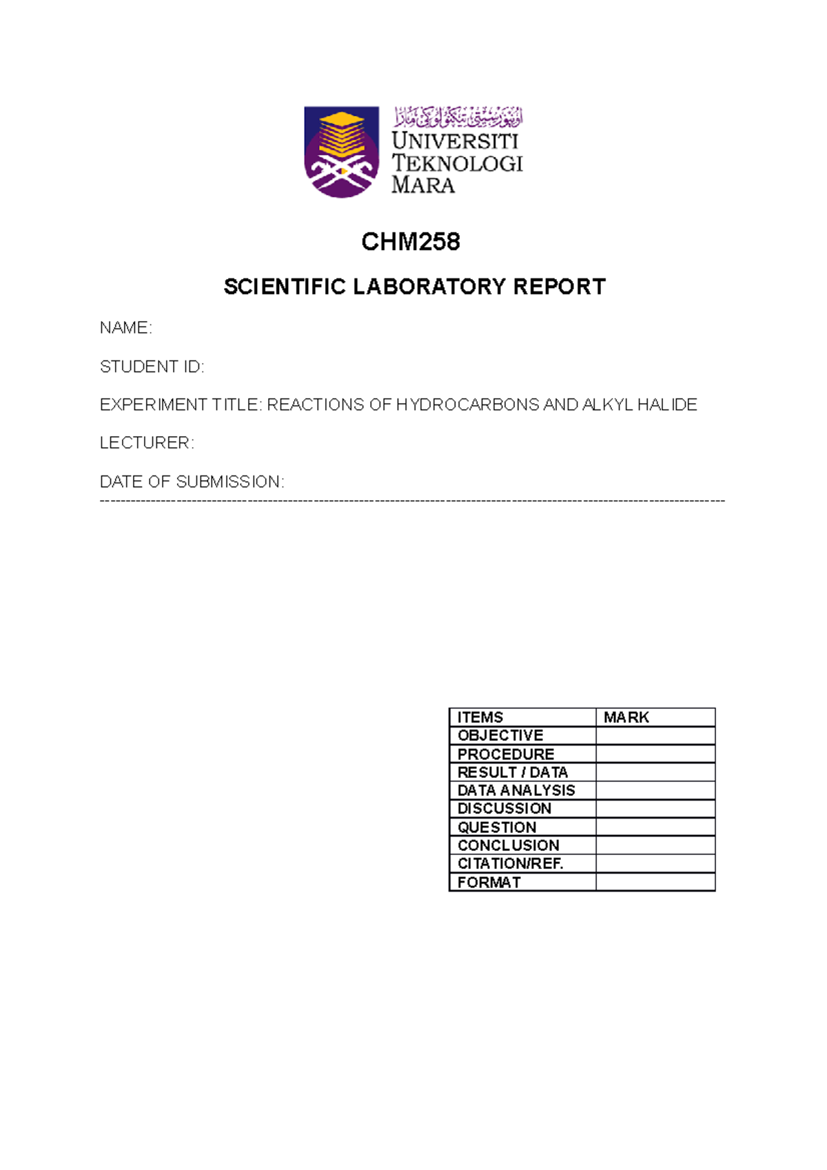 CHM258 Scientific Laboratory Report 2021 ( Reactions of Hydrocarbons ...