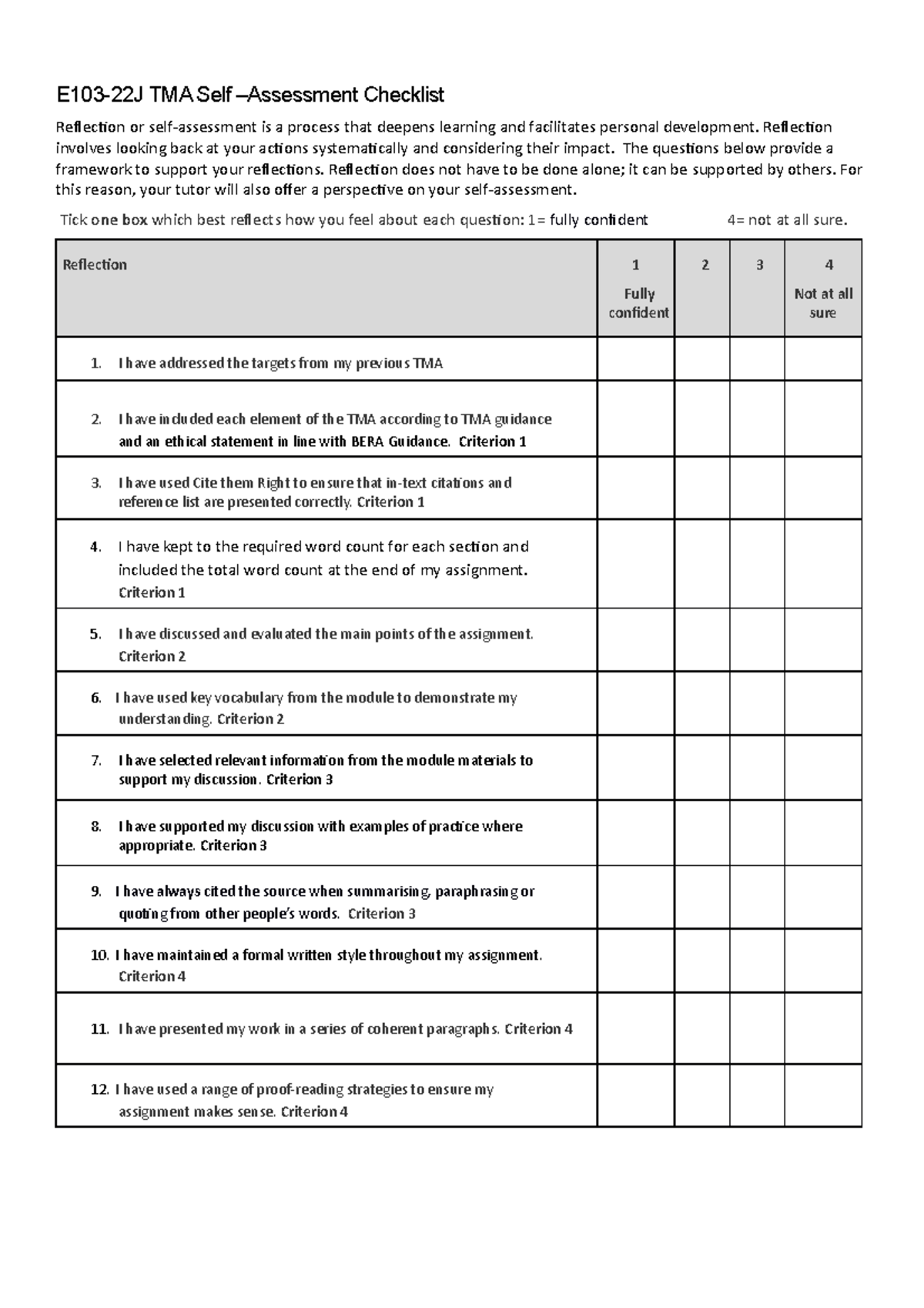 E103 22J- TMA Self Assessment Checklist - E103-22J TMA Self –Assessment ...