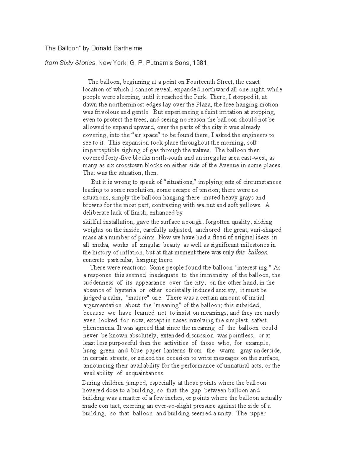 Balloonshortstory - short story and analysis - The Balloon” by Donald ...