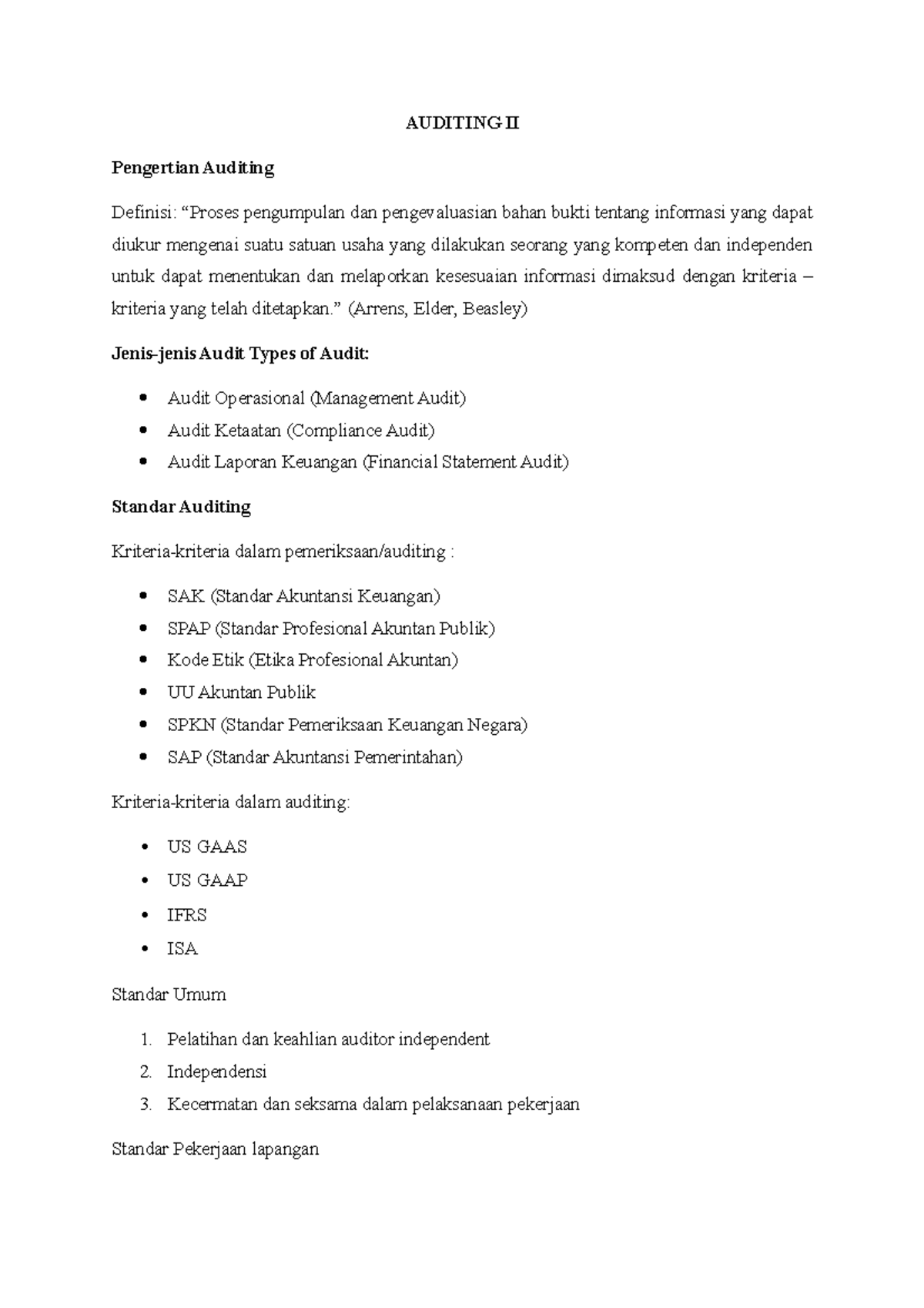 Resume Auditing II - AUDITING II Pengertian Auditing Definisi: “Proses pengumpulan dan - Studocu