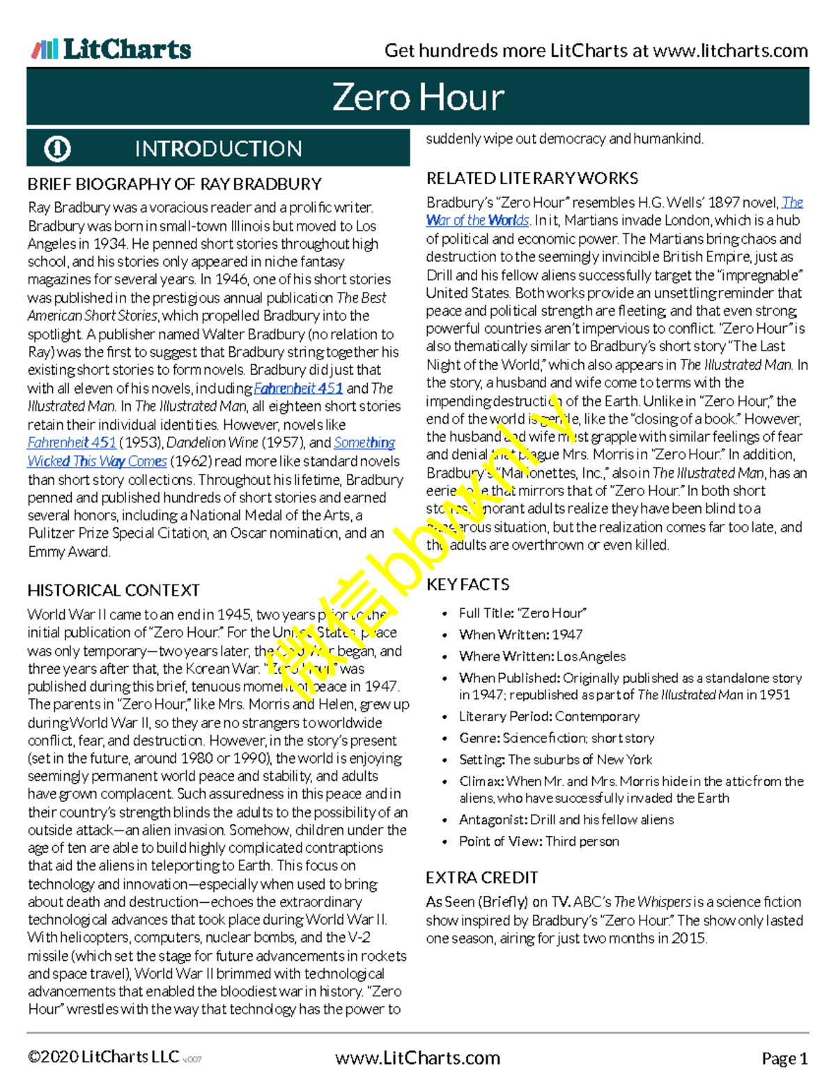Zero-Hour-Lit Chart 1 - Zero Hour BRIEF BIOGRAPHY OF RAY BRADBURY Ray ...