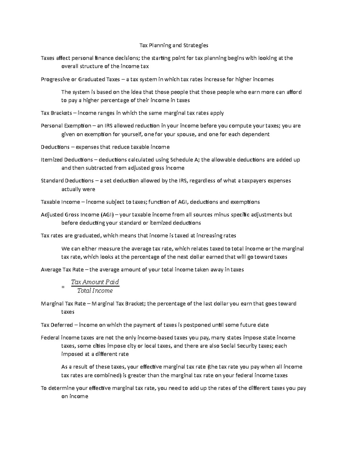 Chapter 4 Notes - Tax Planning and Strategies Taxes affect personal ...