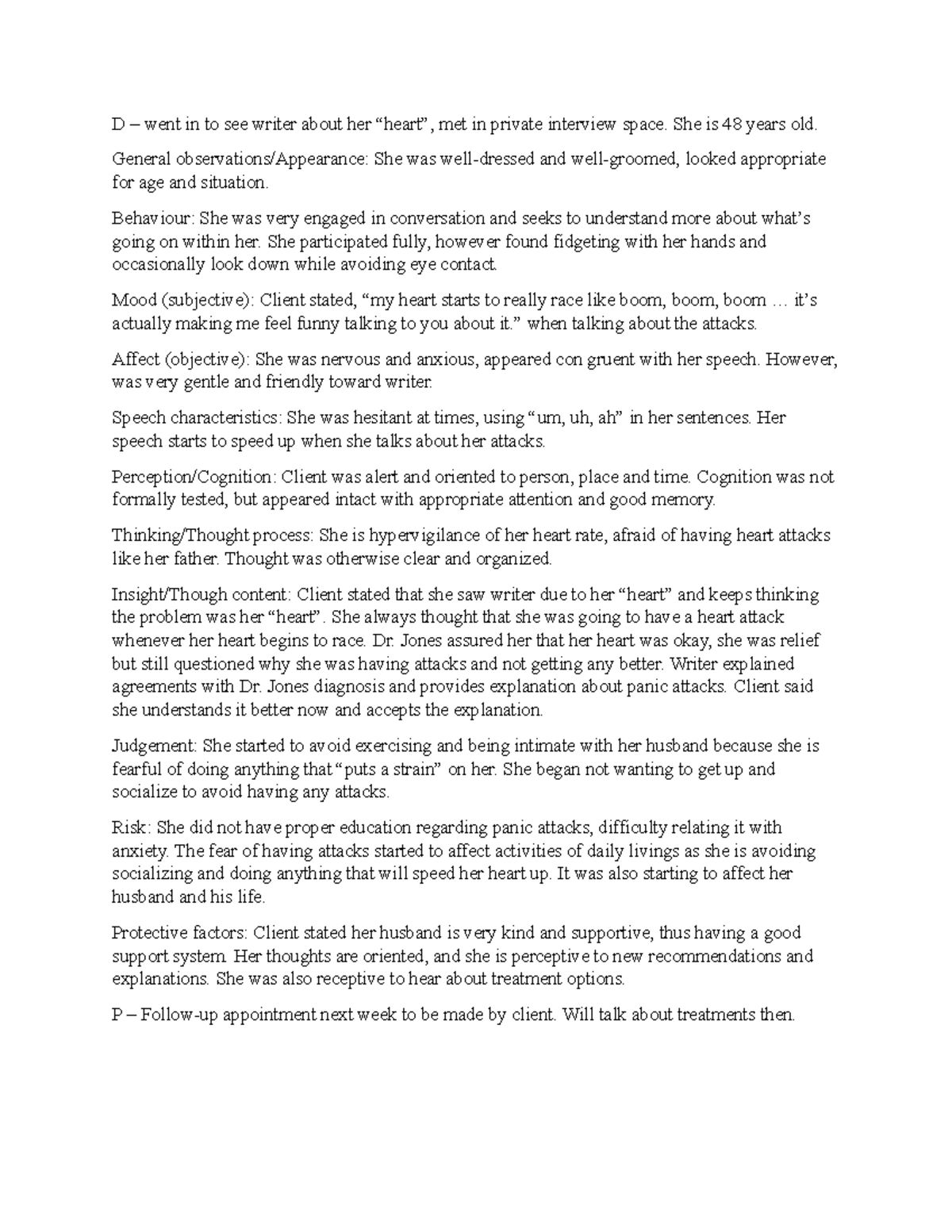 MSE Assignment - MSE EXAMPLE - D – went in to see writer about her ...