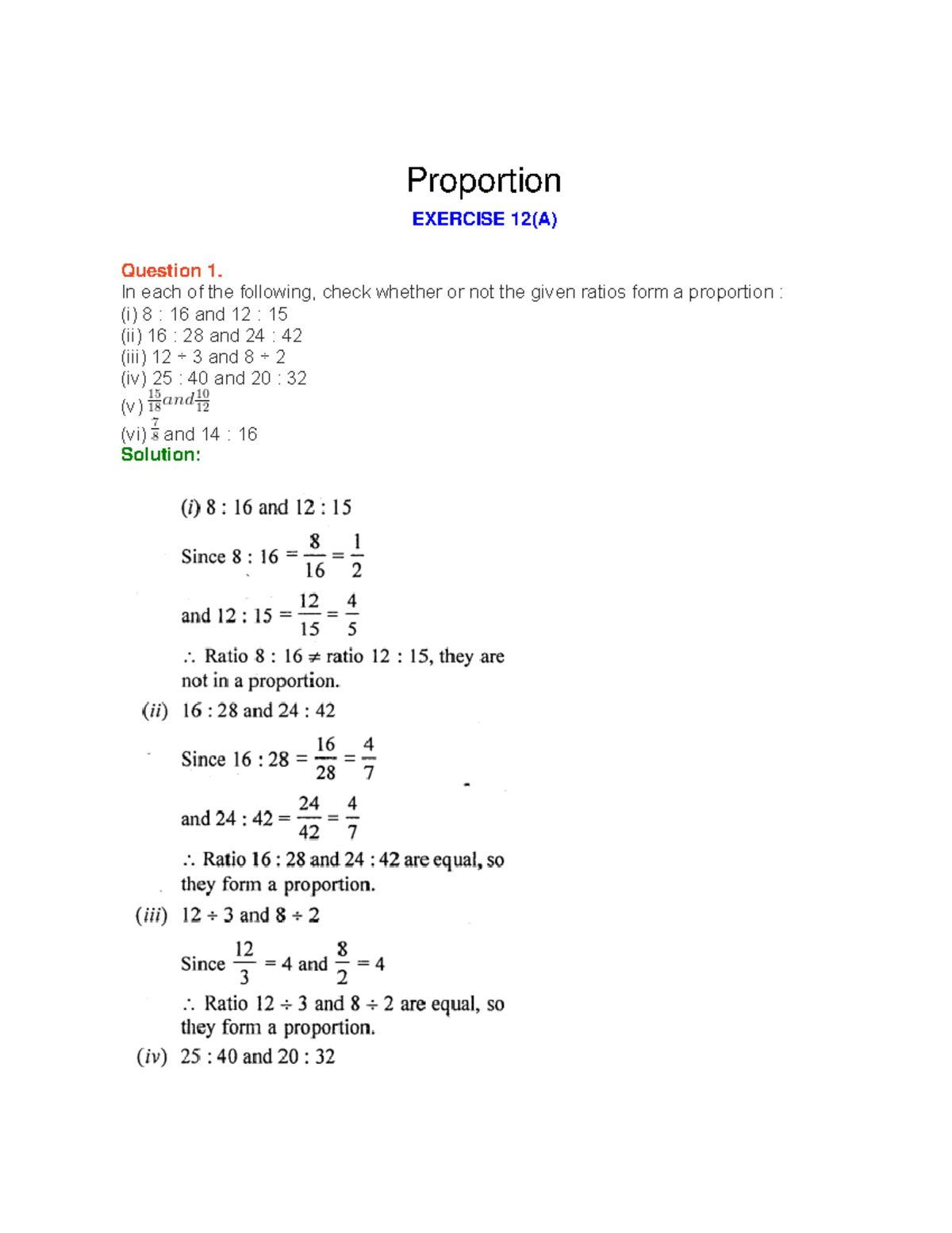 Proportion - notes - ncertbooksolutions EXERCISE 12(A) Question 1. In ...