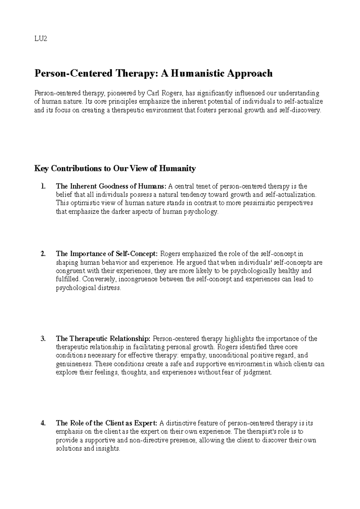 Thin notes - LU Person-Centered Therapy: A Humanistic Approach Person ...