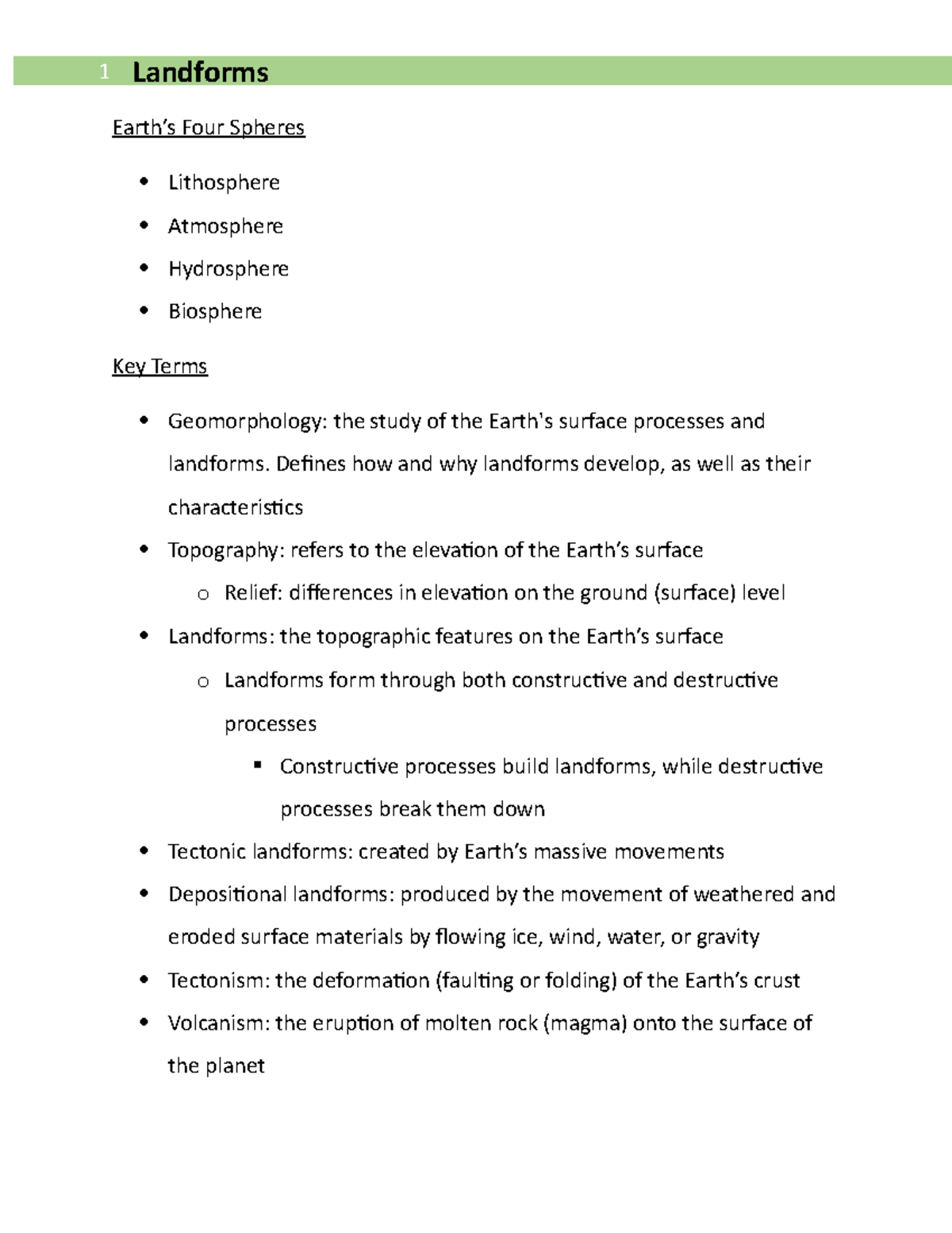Landforms - Notes - Earth’s Four Spheres Lithosphere Atmosphere ...