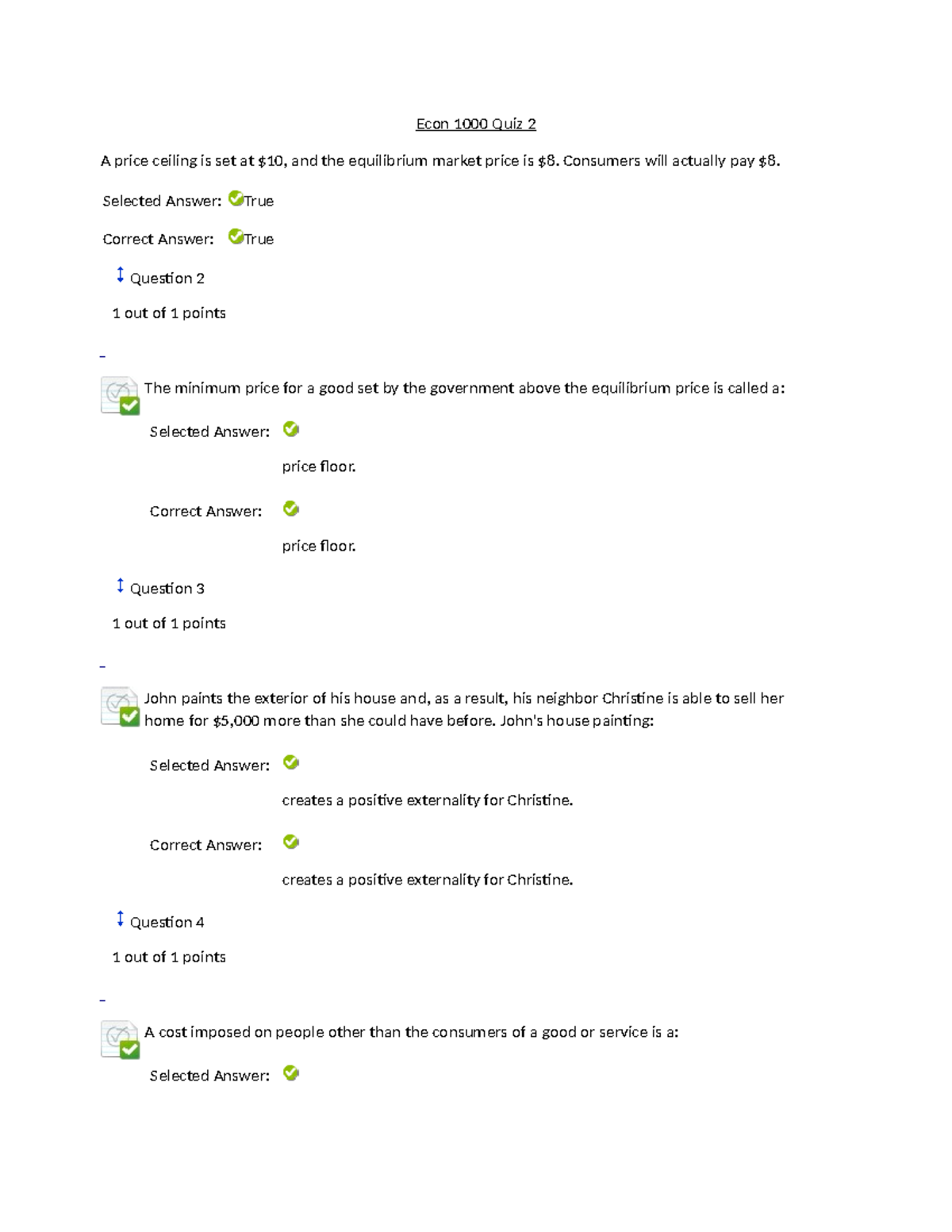 Econ 1000 Quiz 2 - practice problems exam 1 - Econ 1000 Quiz 2 A price ...