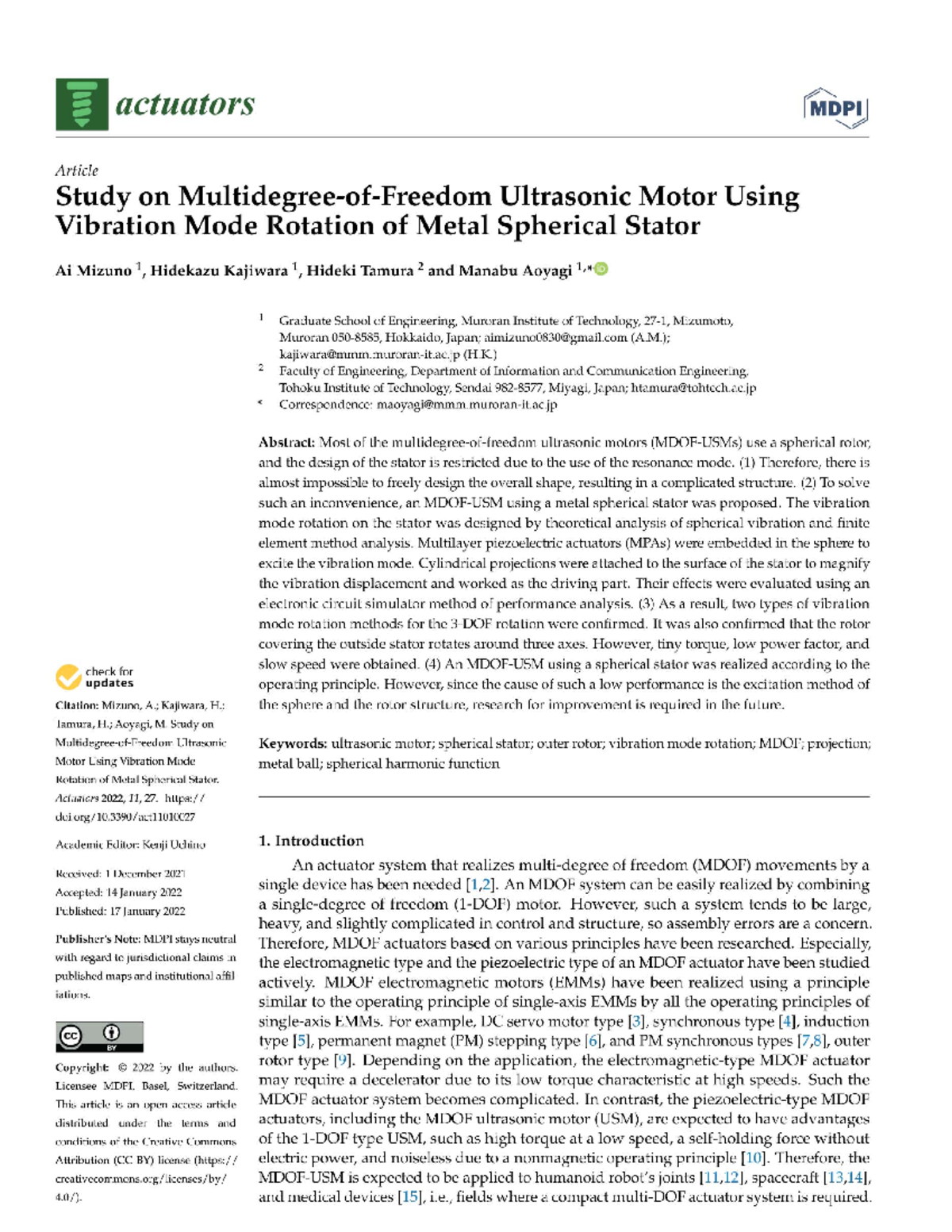 Study on Multidegree-of-Freedom Ultrasonic Motor Using Vibration Mode ...