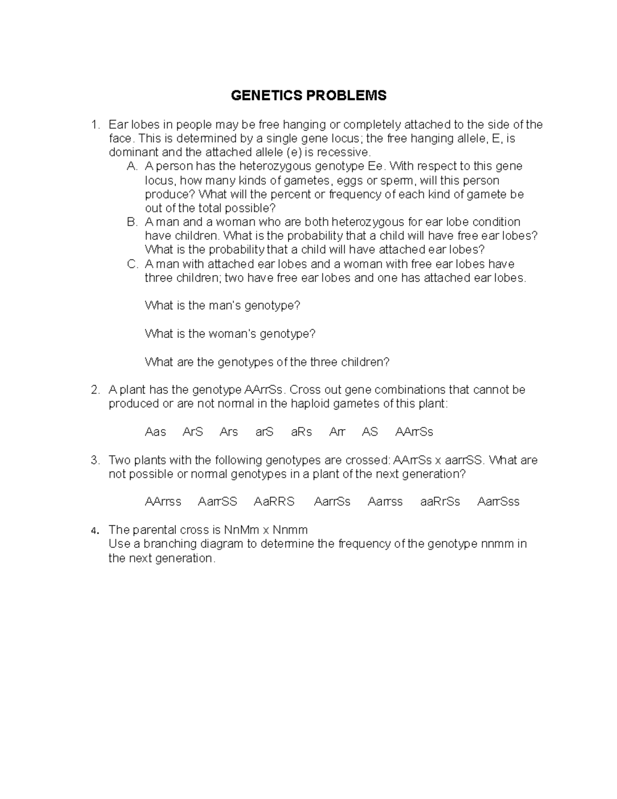 Genetics Problems - assignment - GENETICS PROBLEMS 1. Ear lobes in ...