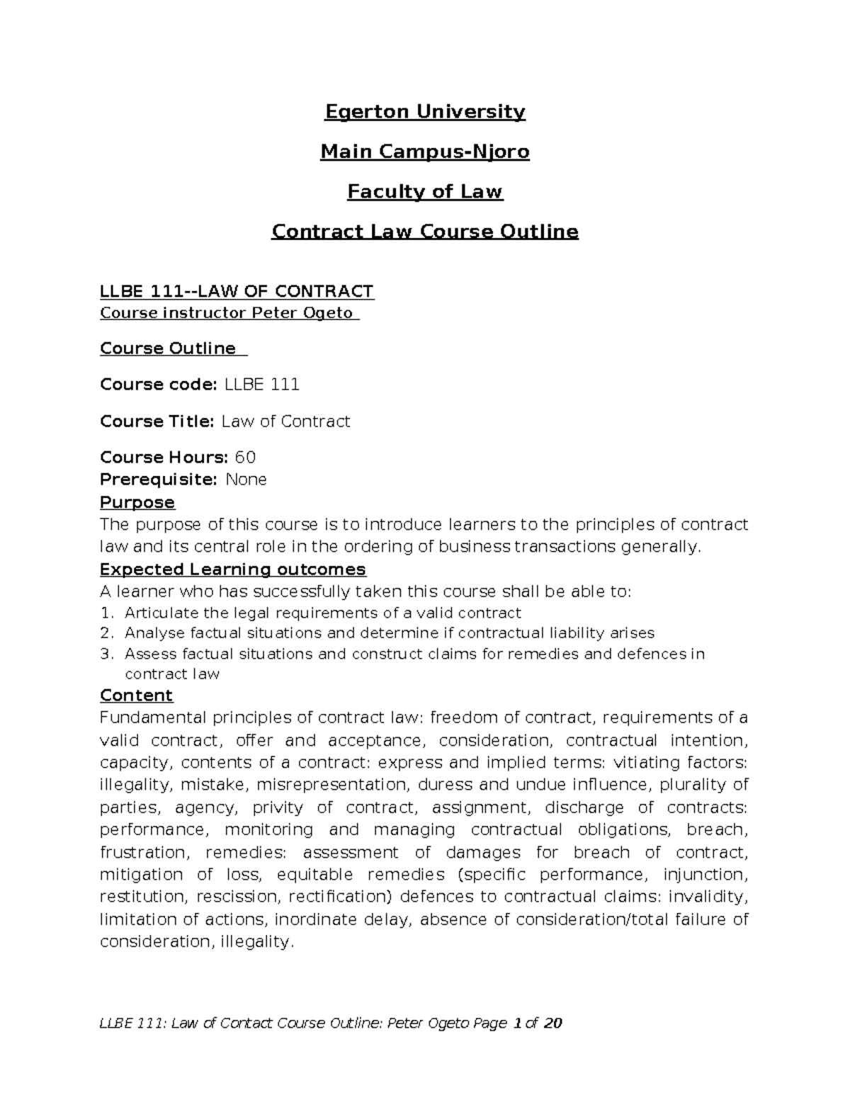 LLBE 111- Contract LAW- Course Outline Septemper 2016- Wabwile Final-1 ...