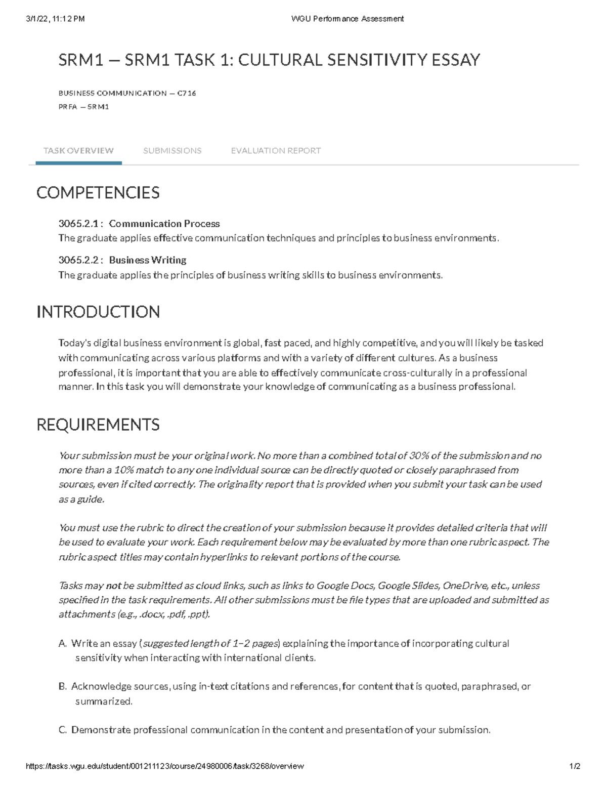 TASK 1 Cultural Sensitivity Essay - 3/1/22, 11:12 PM WGU Performance ...