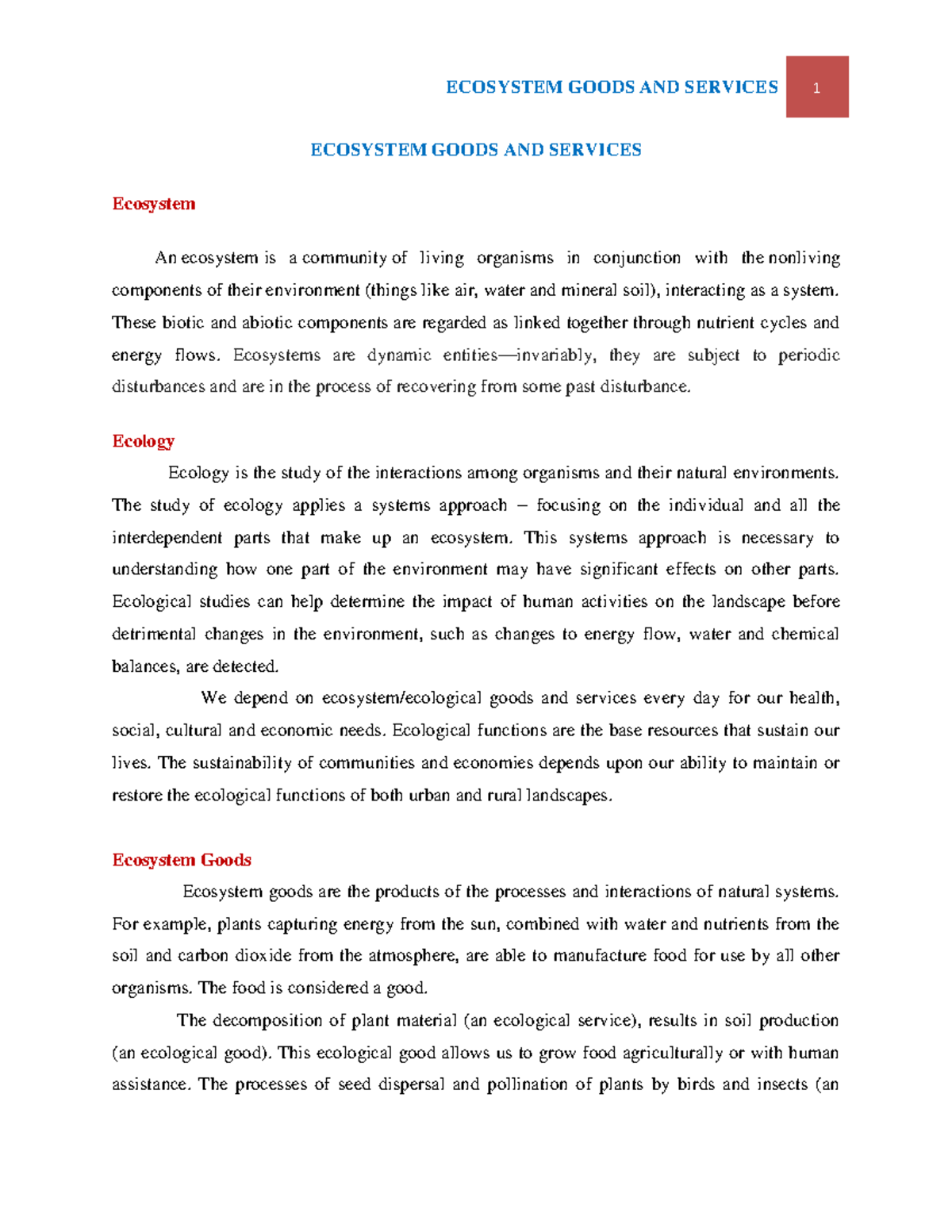 Ecosystem Goods AND Services - ECOSYSTEM GOODS AND SERVICES 1 ECOSYSTEM ...