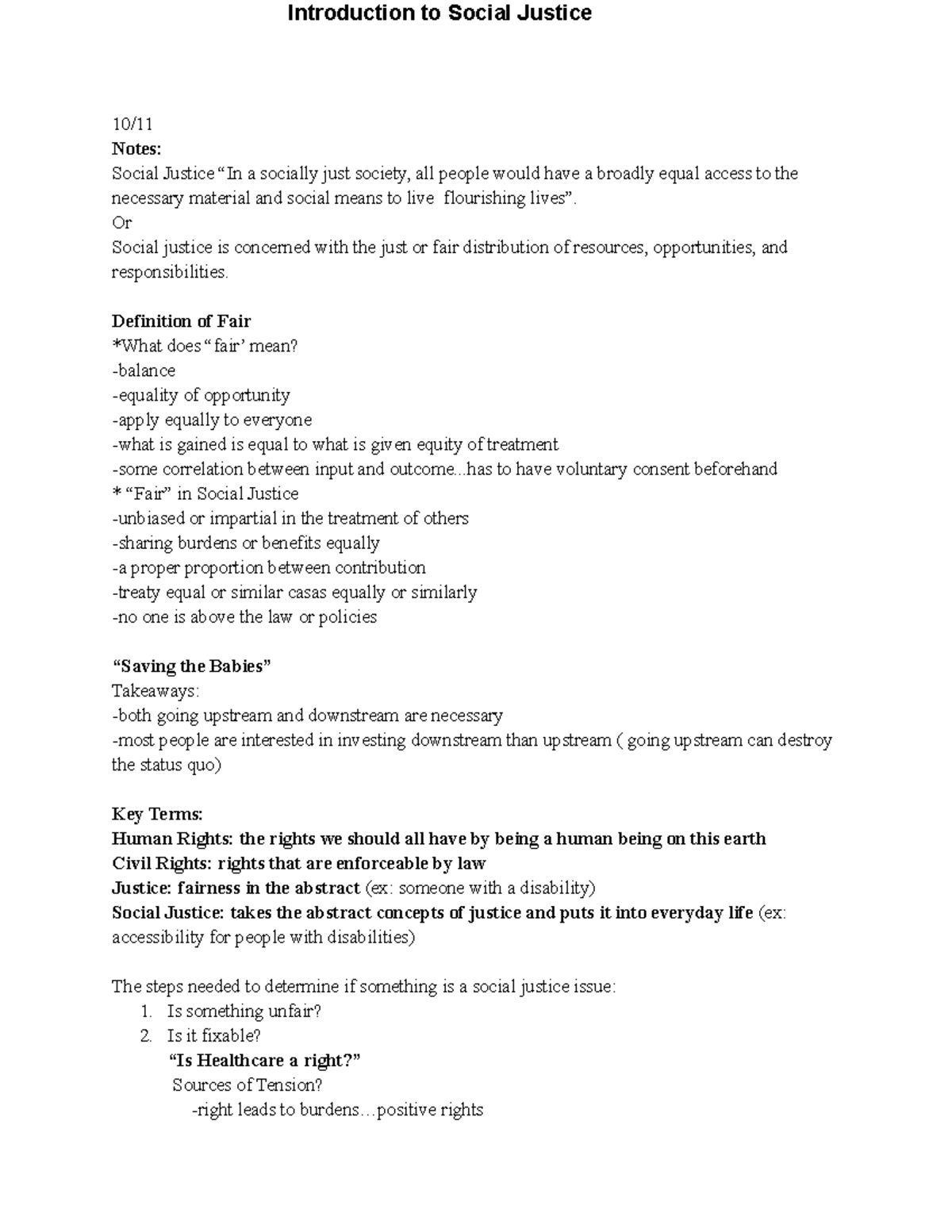 SOC SJS 165 - Lecture notes 1 - 10/ Notes: Social Justice “In a ...