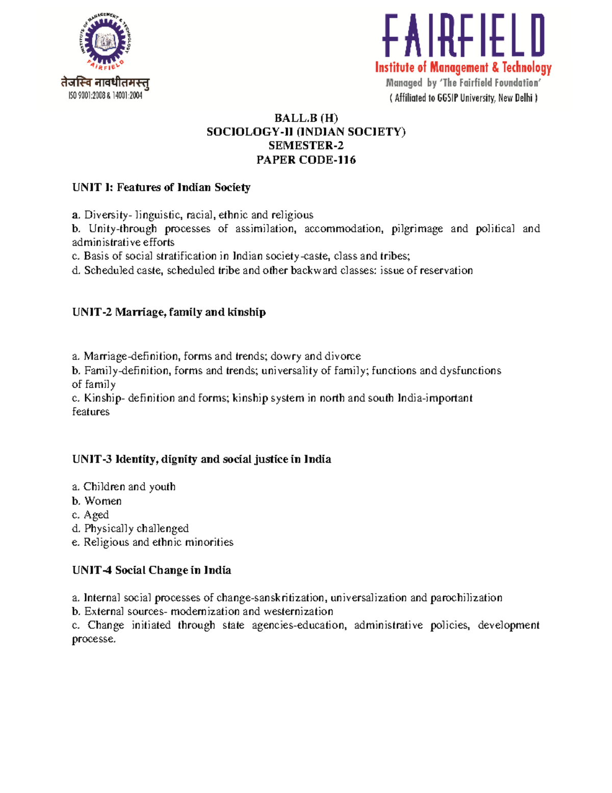Sociology FIMT Notes - BALL (H) SOCIOLOGY-II (INDIAN SOCIETY) SEMESTER ...