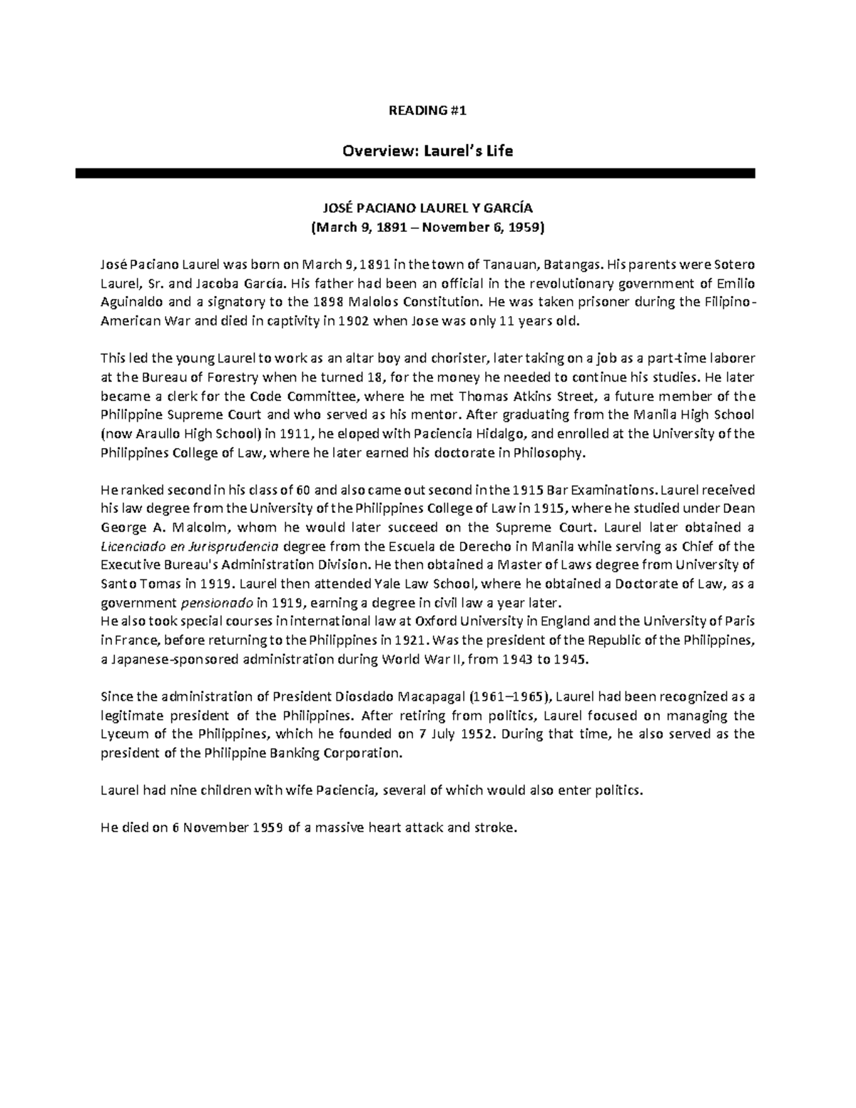 Reading #1 - Overview Laurel’s Life - READING Overview: Laurel’s Life ...