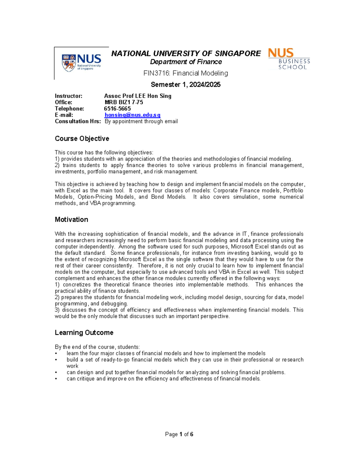 FIN3716 Outline 2024 S1 - Instructor: Assoc Prof LEE Hon Sing Office ...