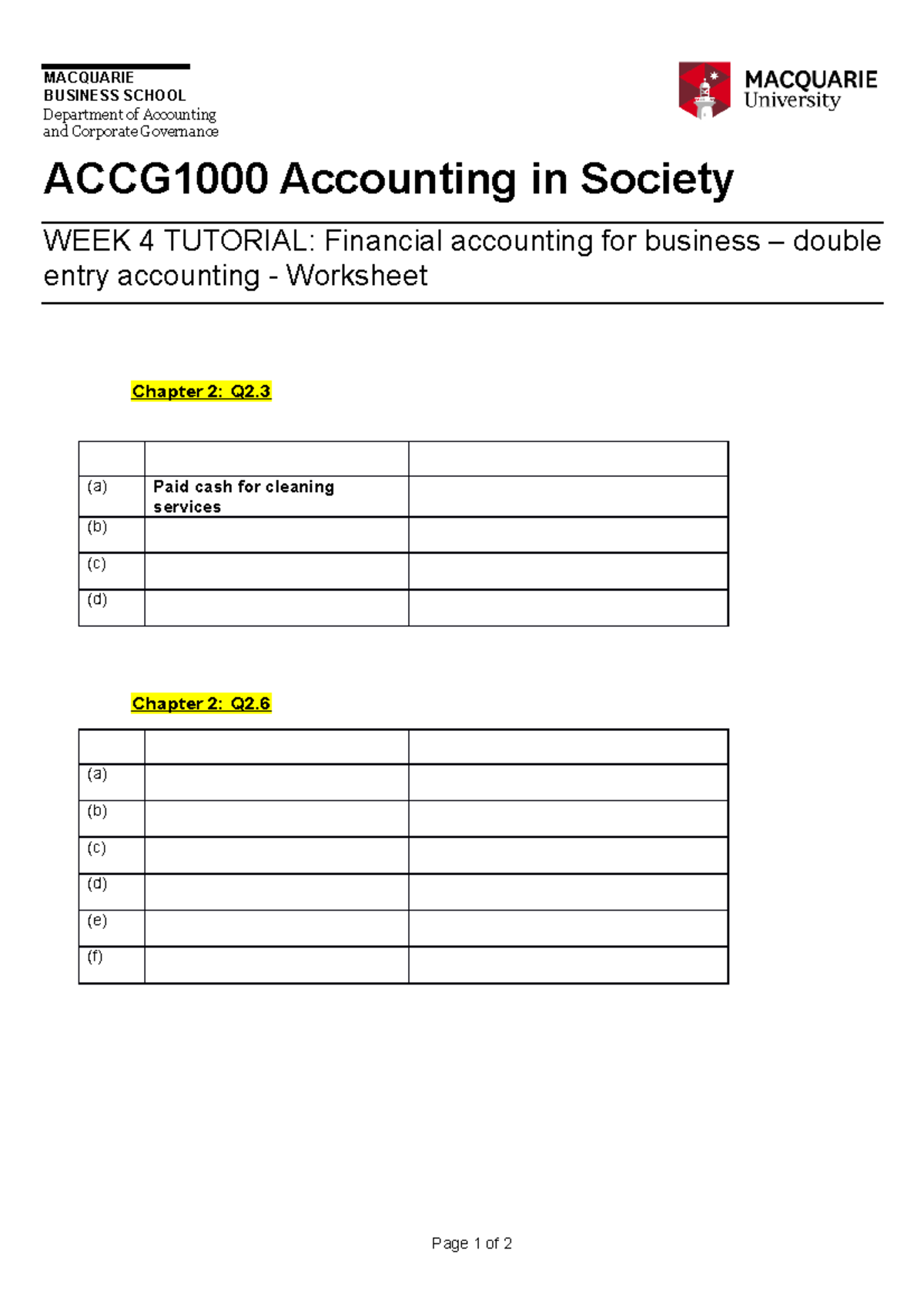 Week 4 Tutorial Workbook - MACQUARIEBUSINESS SCHOOL Department of ...