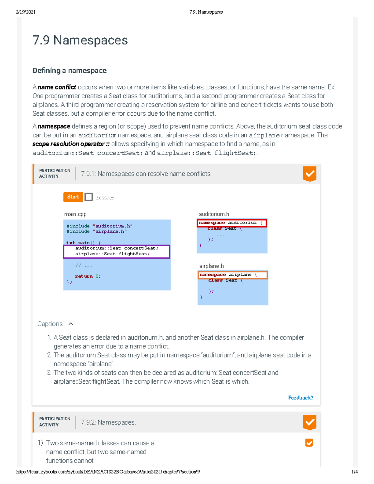 7.9. Namespaces - A 7 Namespaces De¦ning a namespace One programmer ...