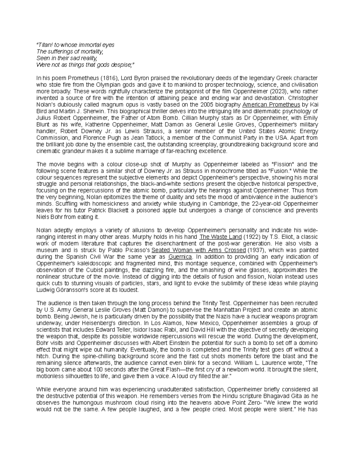 Oppenheimer - “Titan! to whose immortal eyes The sufferings of ...