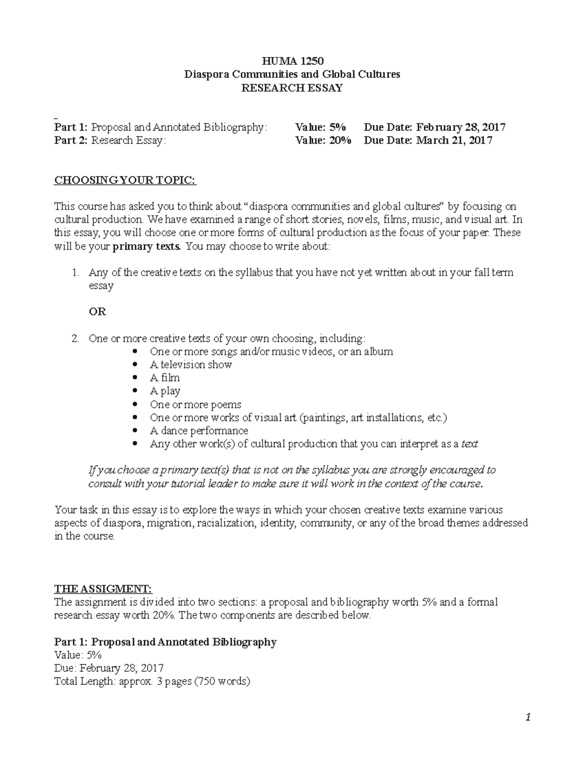 1250 Research Assignment - HUMA 1250 Diaspora Communities and Global ...