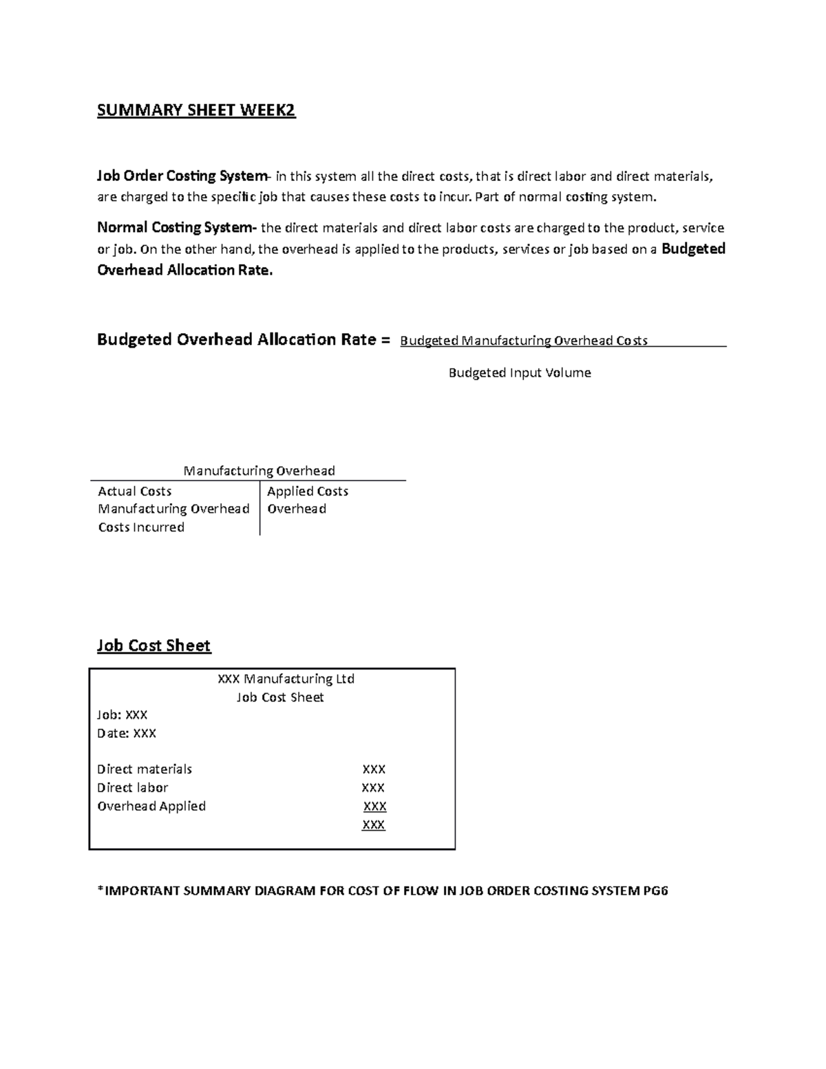Summary Sheet WEEK2 - summarised notes - SUMMARY SHEET WEEK Job Order ...