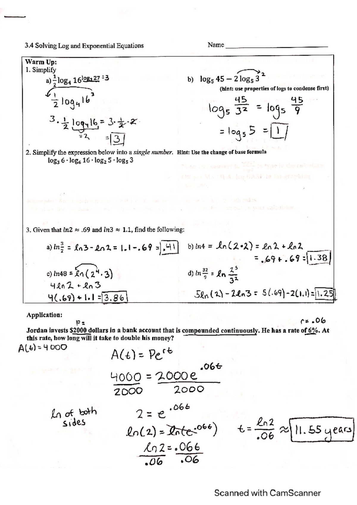 3.4 Notes Key - 3 Solving Log and Exponential Equations Name Warm Up: 1 ...