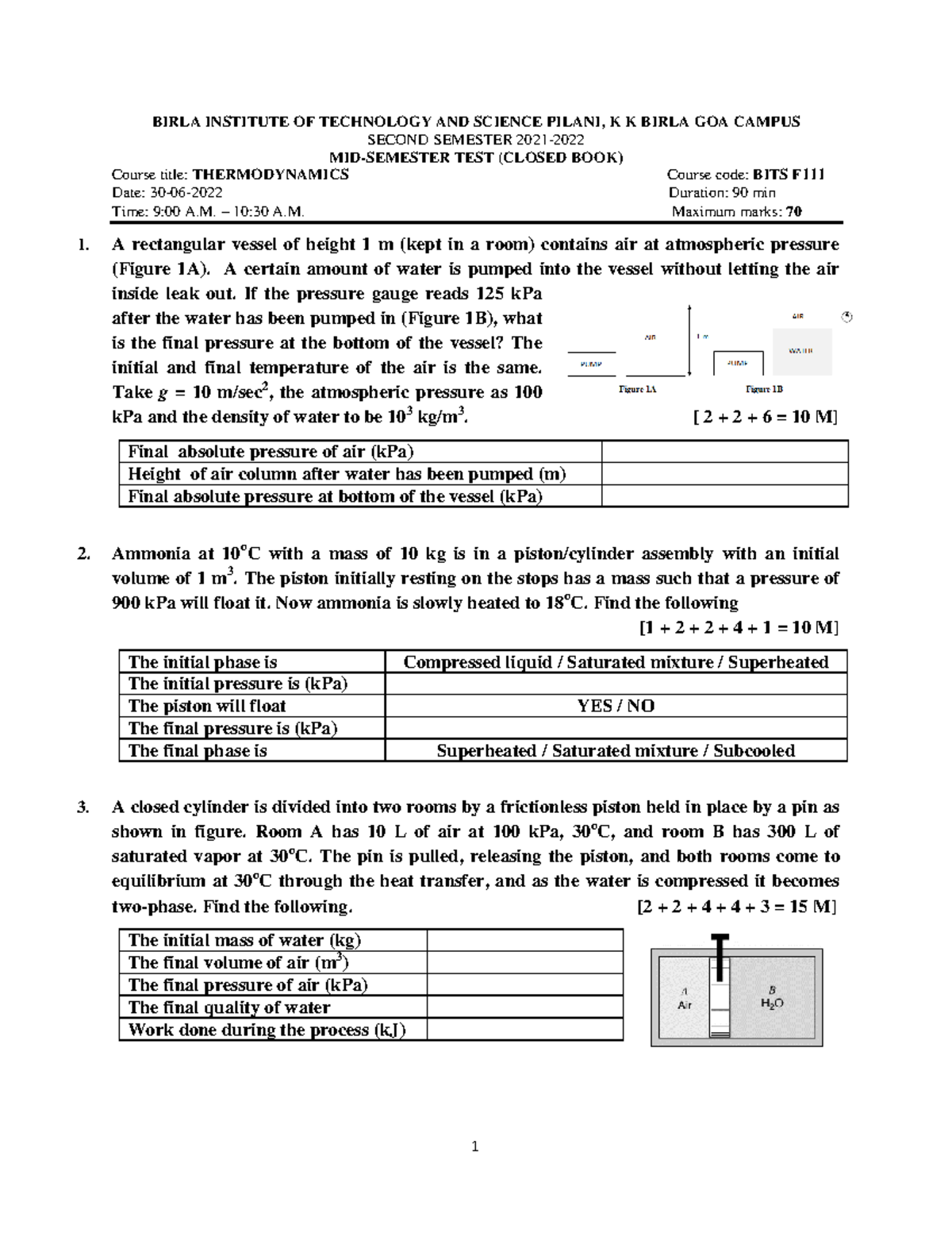 BITS F111 SA Midsem QP - pys for thermo - 1 BIRLA INSTITUTE OF TECHNOLOGY AND SCIENCE PILANI, K ...