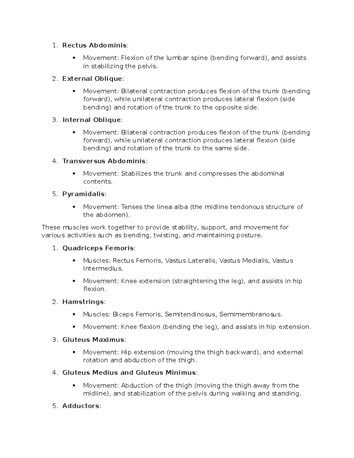 Muscles and location - notes - 1. Rectus Abdominis: Movement: Flexion ...