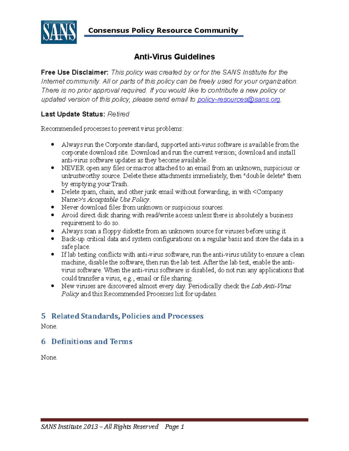 Anti virus guidelines - Anti-Virus Guidelines Free Use Disclaimer: This ...