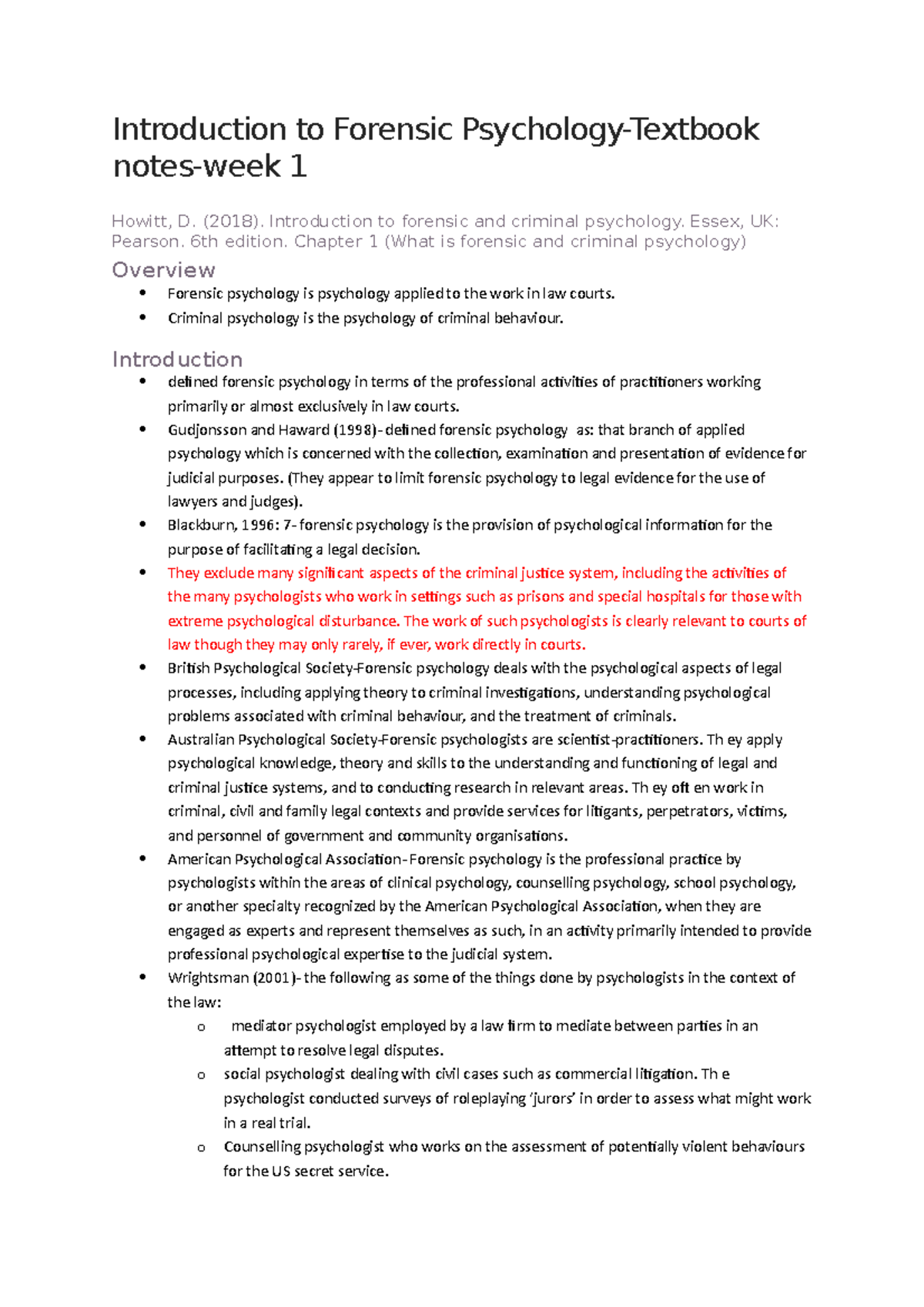 Introduction to Forensic psychology summary of assigned reading-week ...