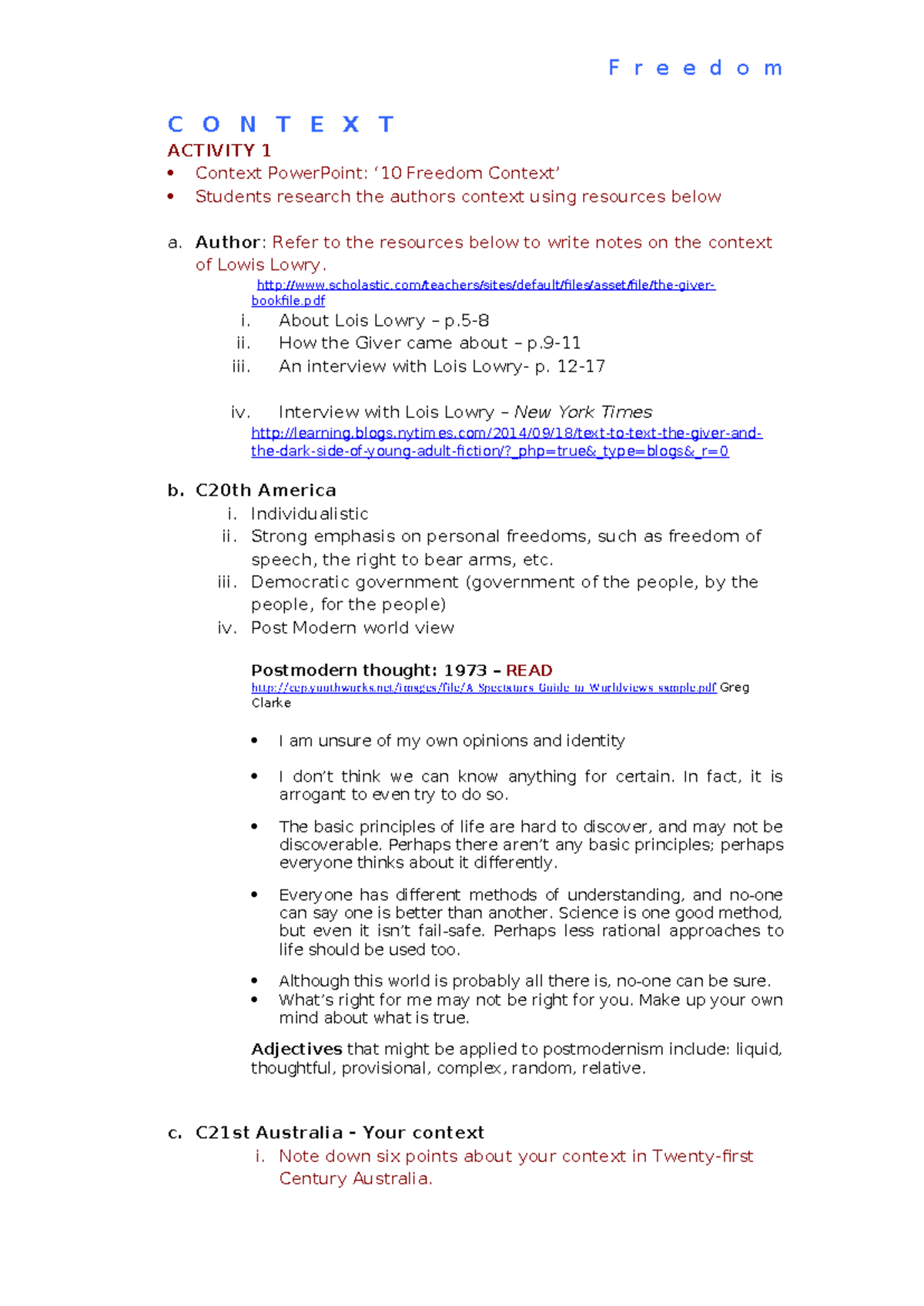 Freedom the giver context worksheet - F r e e d o m C O N T E X T ...