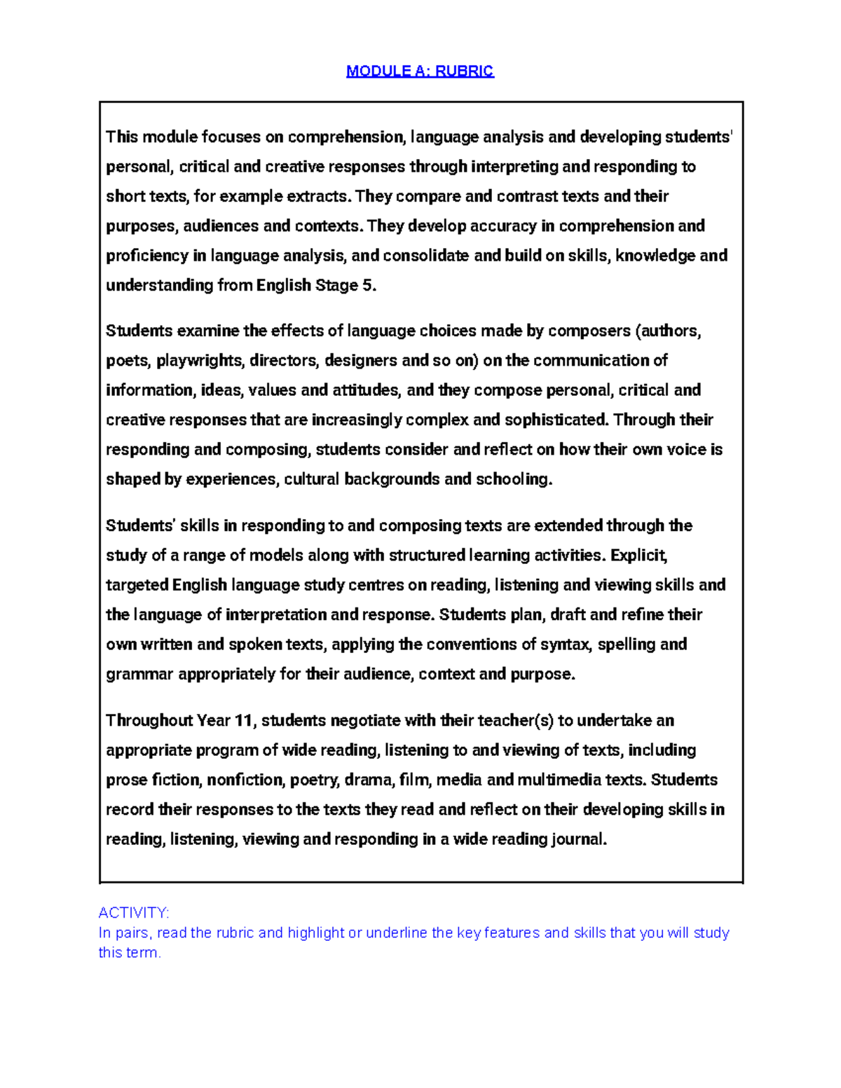 Module A(-c-) Rubric - MODULE A: RUBRIC This module focuses on ...