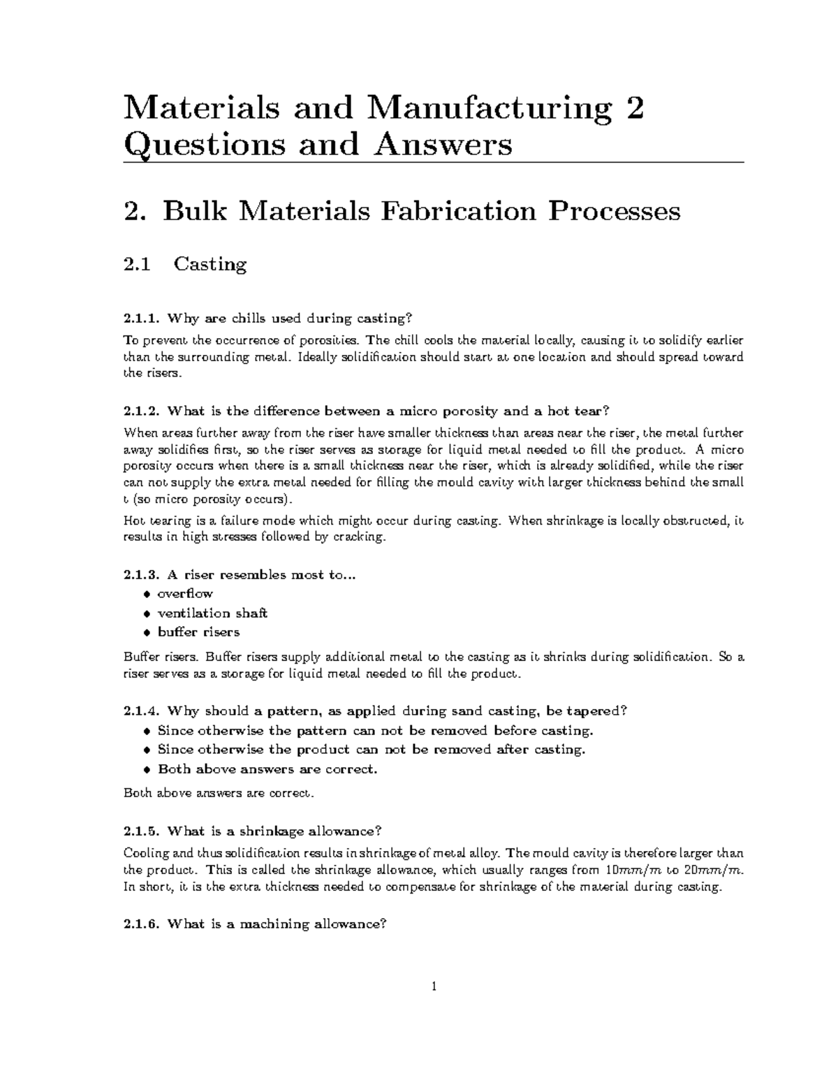 Sample questions and answers - Materials and Manufacturing 2 ...