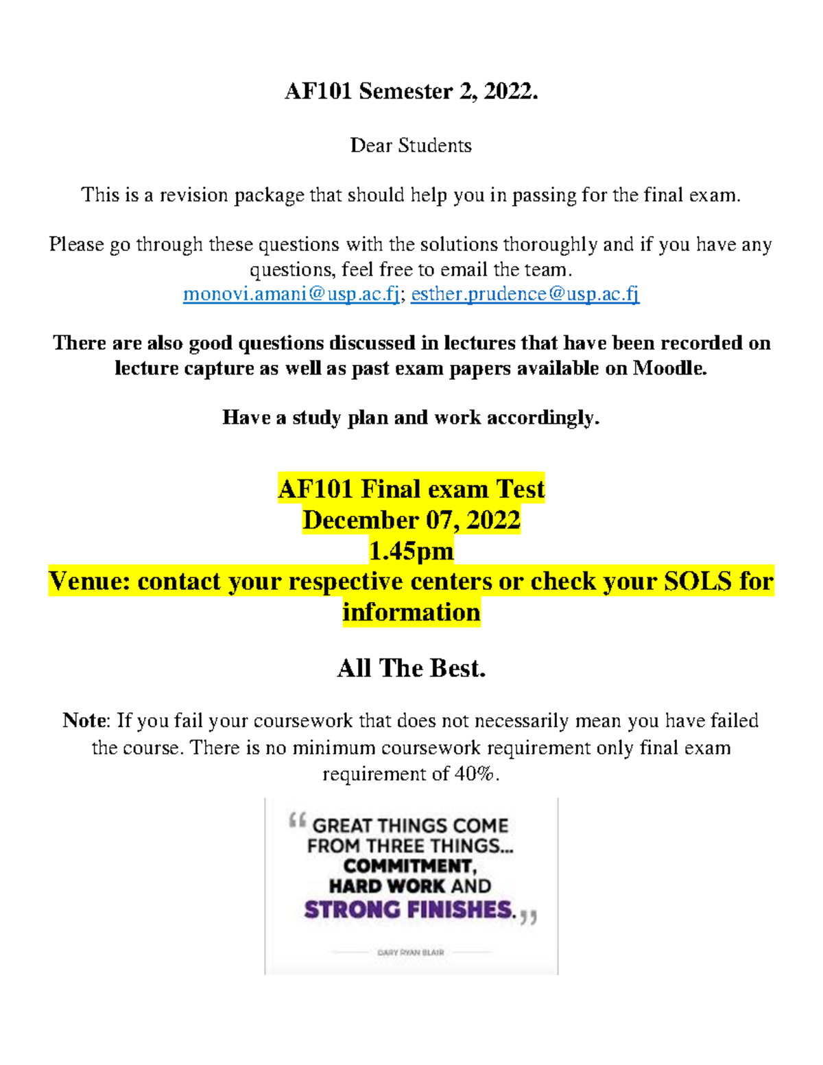 S2 2022 Final exam Revision activities - AF101 Semester 2, 2022. Dear ...